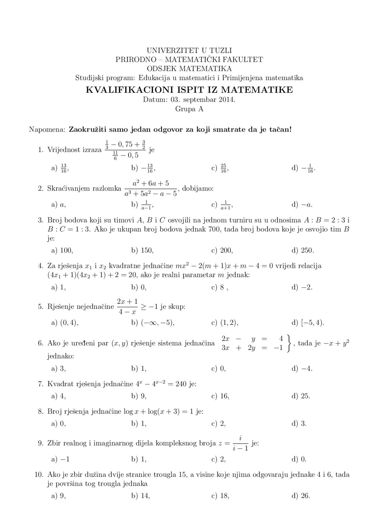 Kvalifikacioni ispit iz Matematike: zadaci sa rješenjima | Prirodno-matematički fakultet ...