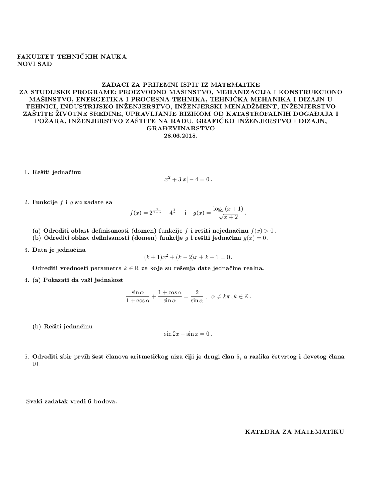 Zadaci sa rešenjima za prijemni iz matematike | Fakultet tehničkih nauka, Novi Sad | Prijemni ...