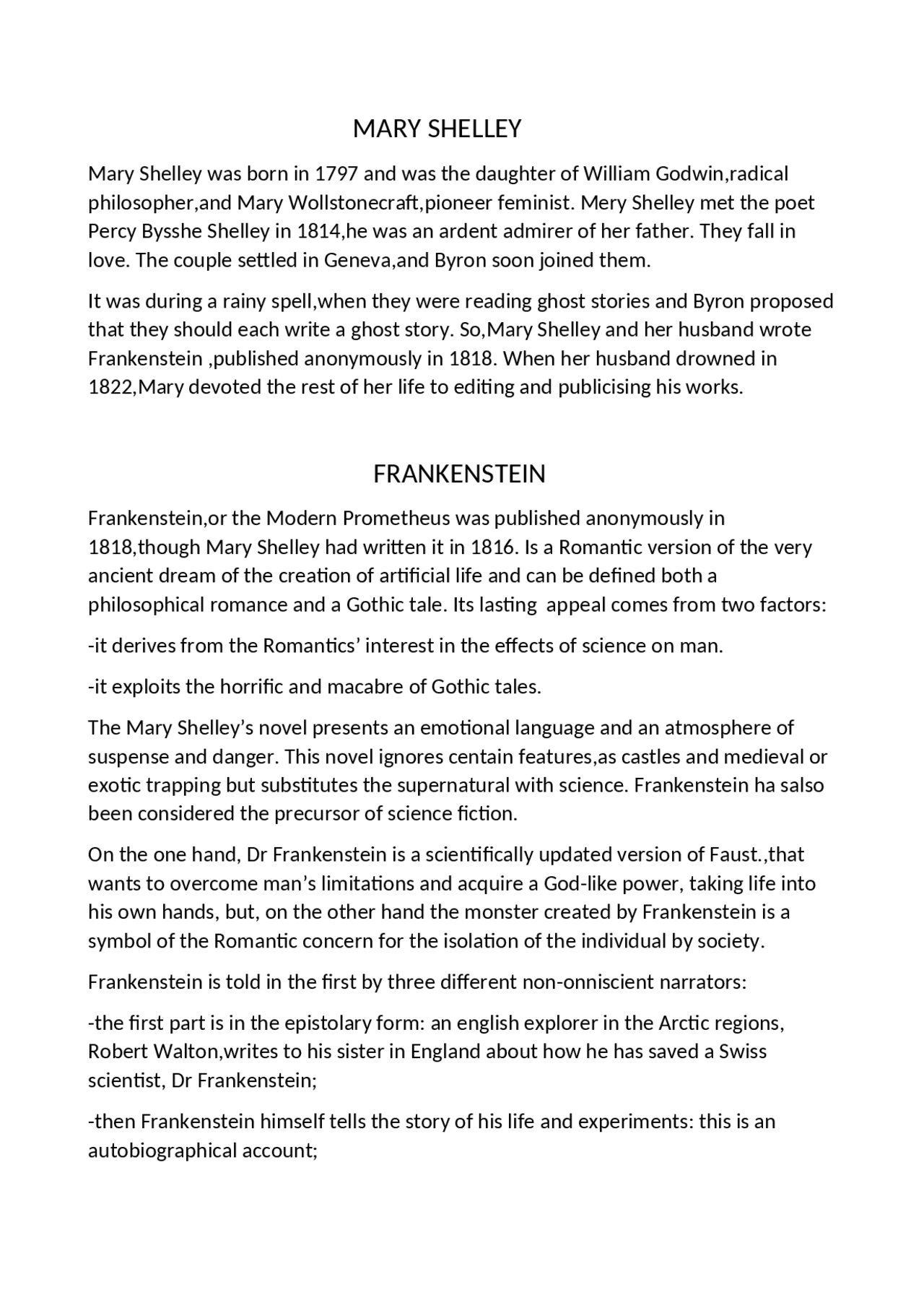 MARY SHELLEY AND FRANKENSTEIN - Docsity