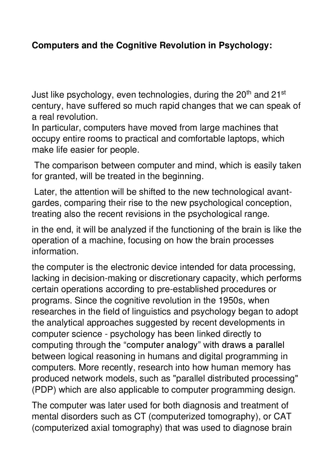 Computers and the Cognitive Revolution in Psychology - Docsity