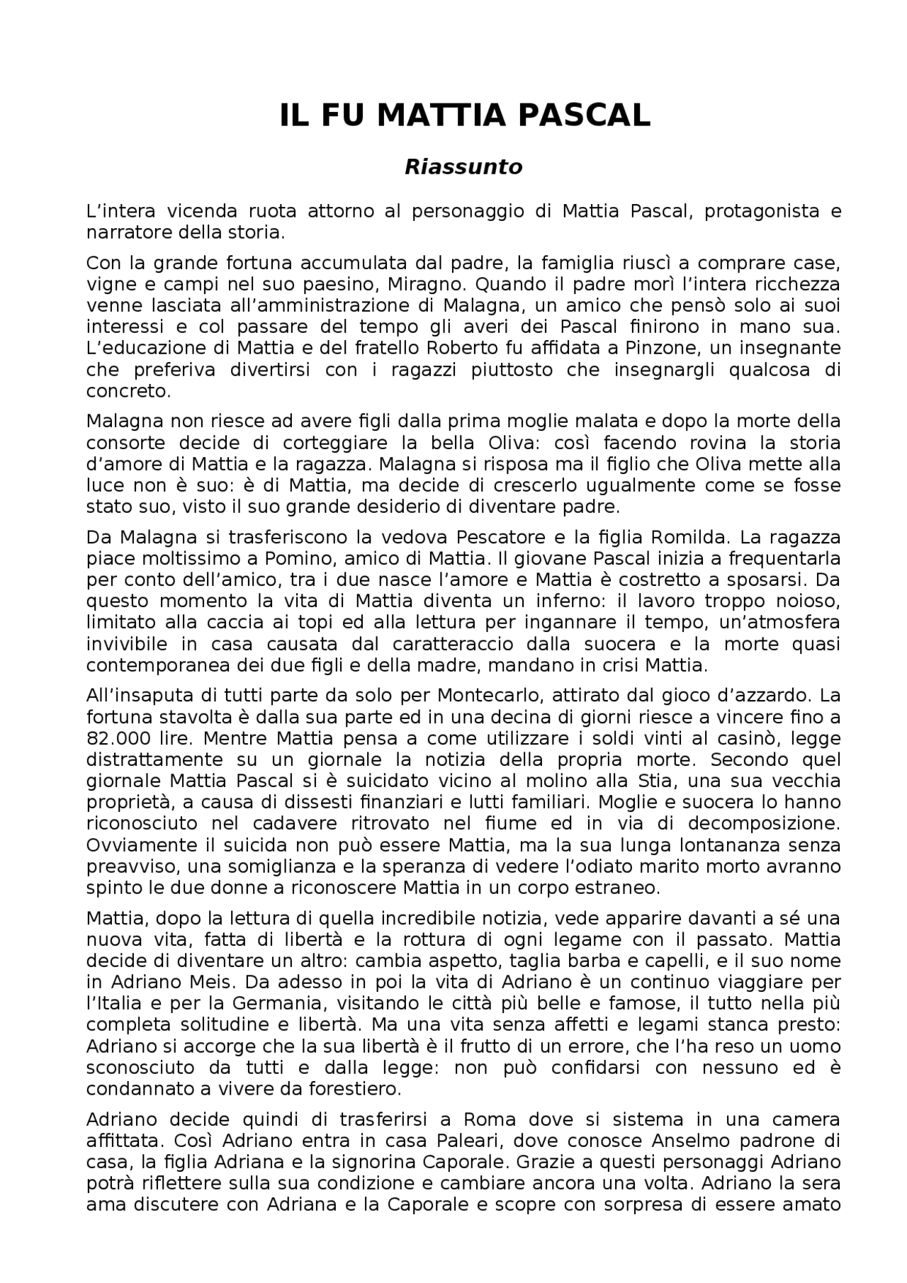 Riassunto Il Fu Mattia Pascal Docsity