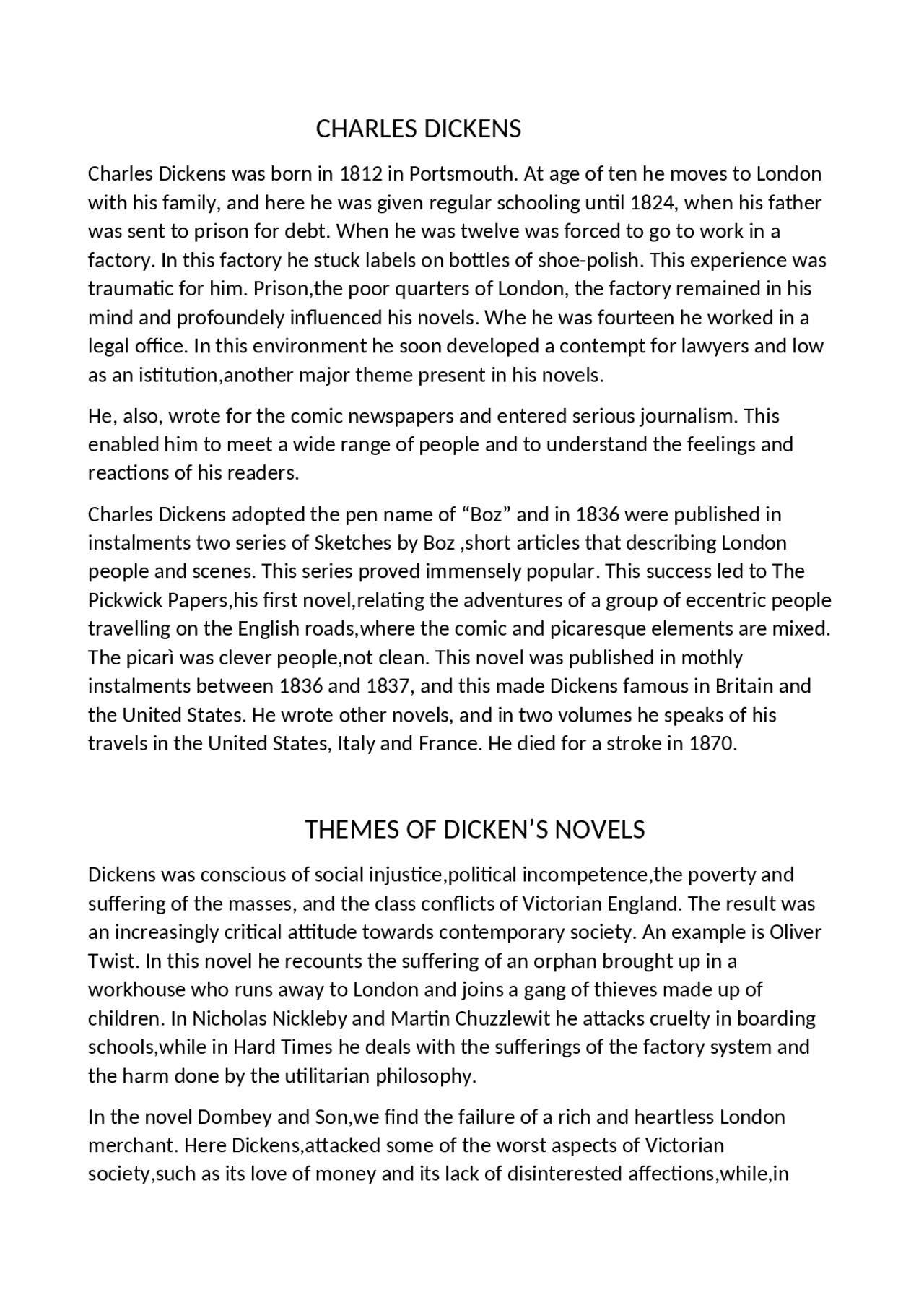 Charles Dickens And His Novels Docsity