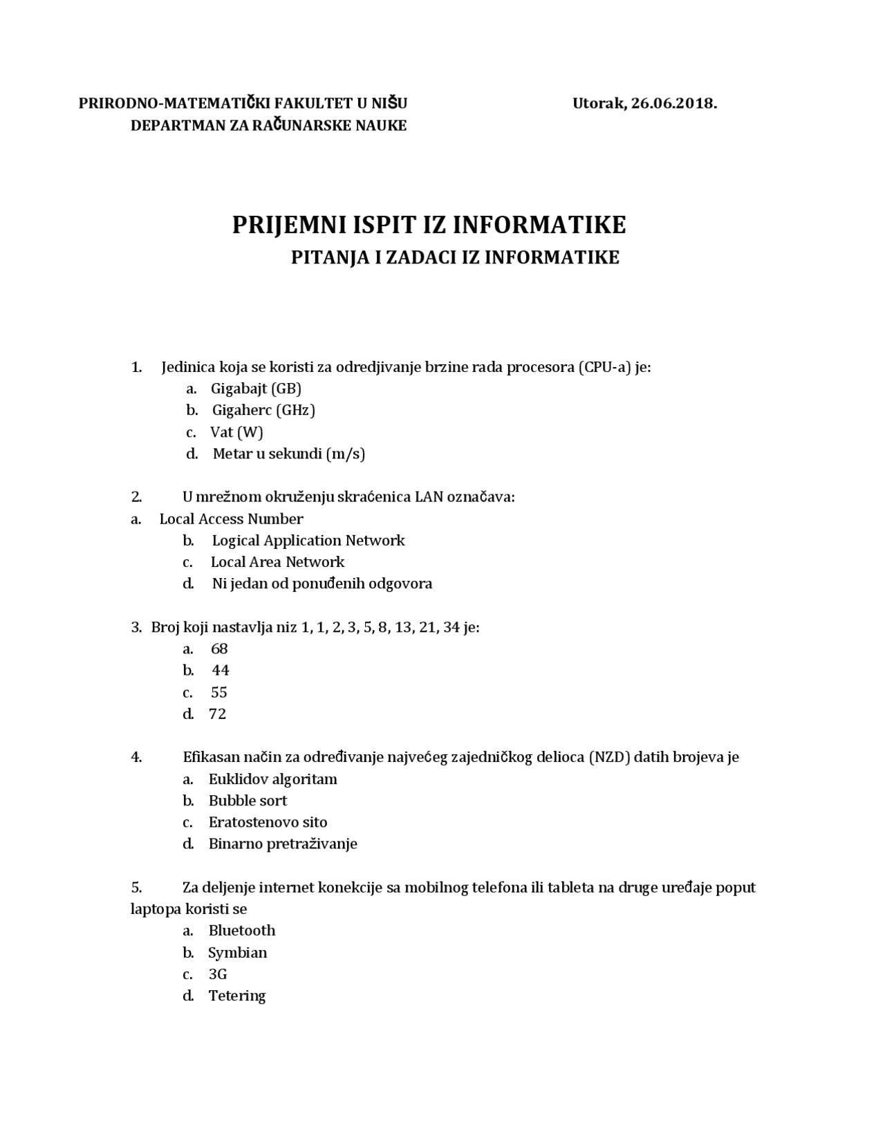 Informatika: prijemni test sa rešenjima | Prirodno-matematički fakultet ...