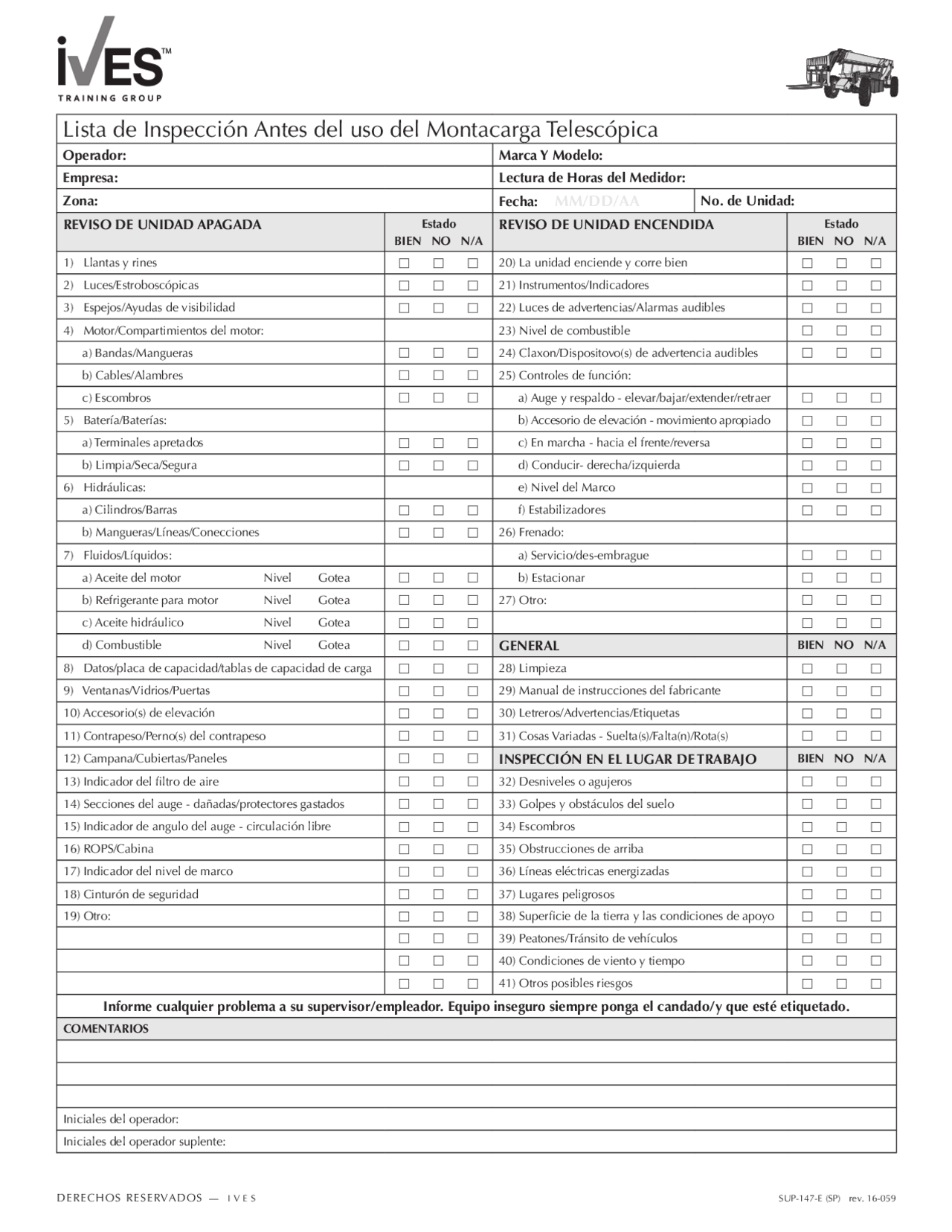CHECK LIST MONTACARGAS | Apuntes de Tecnología Industrial - Docsity