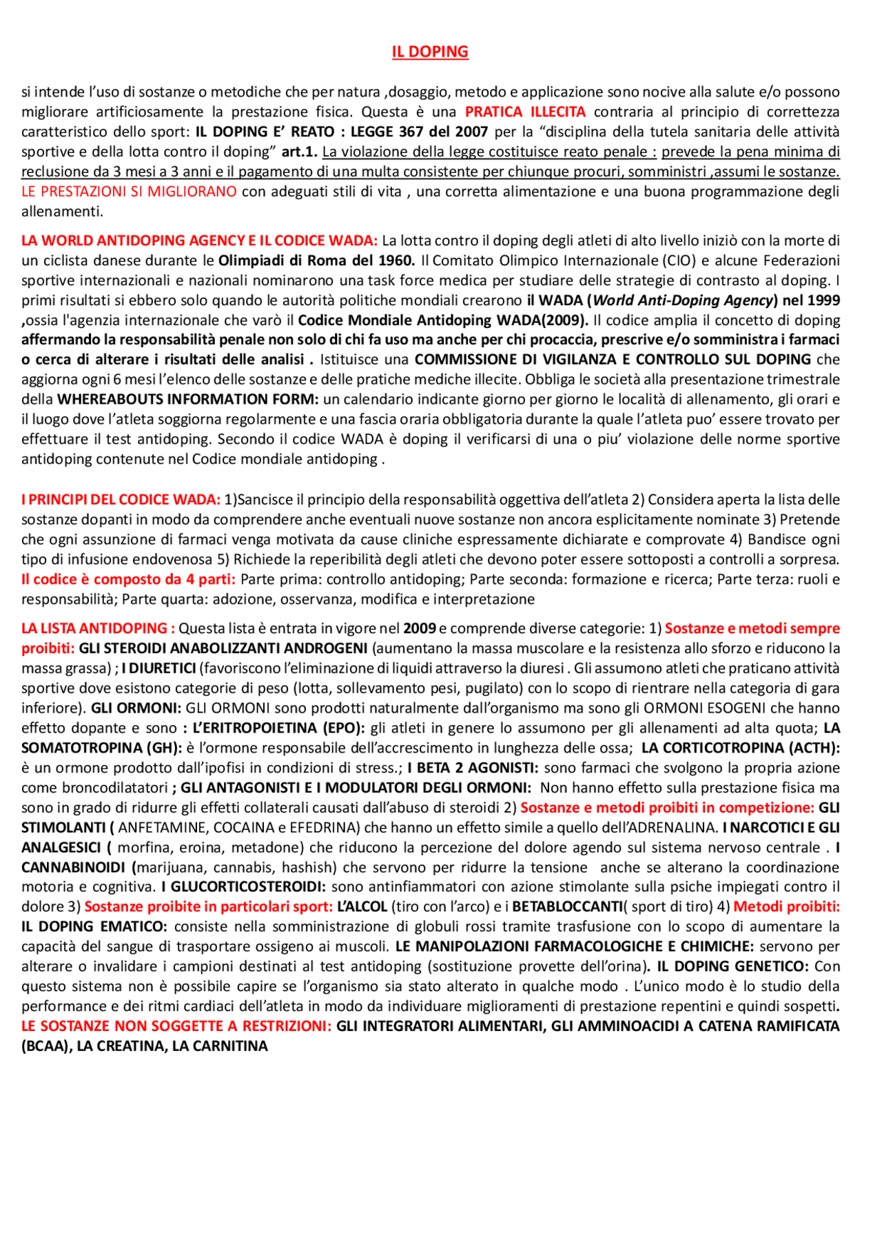 IL DOPING E IL CODICE WADA - Docsity