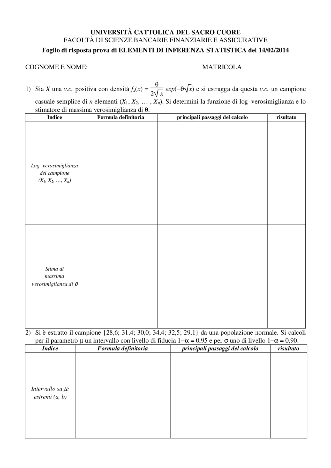 Esame Elementi Di Inferenza Statistica Docsity