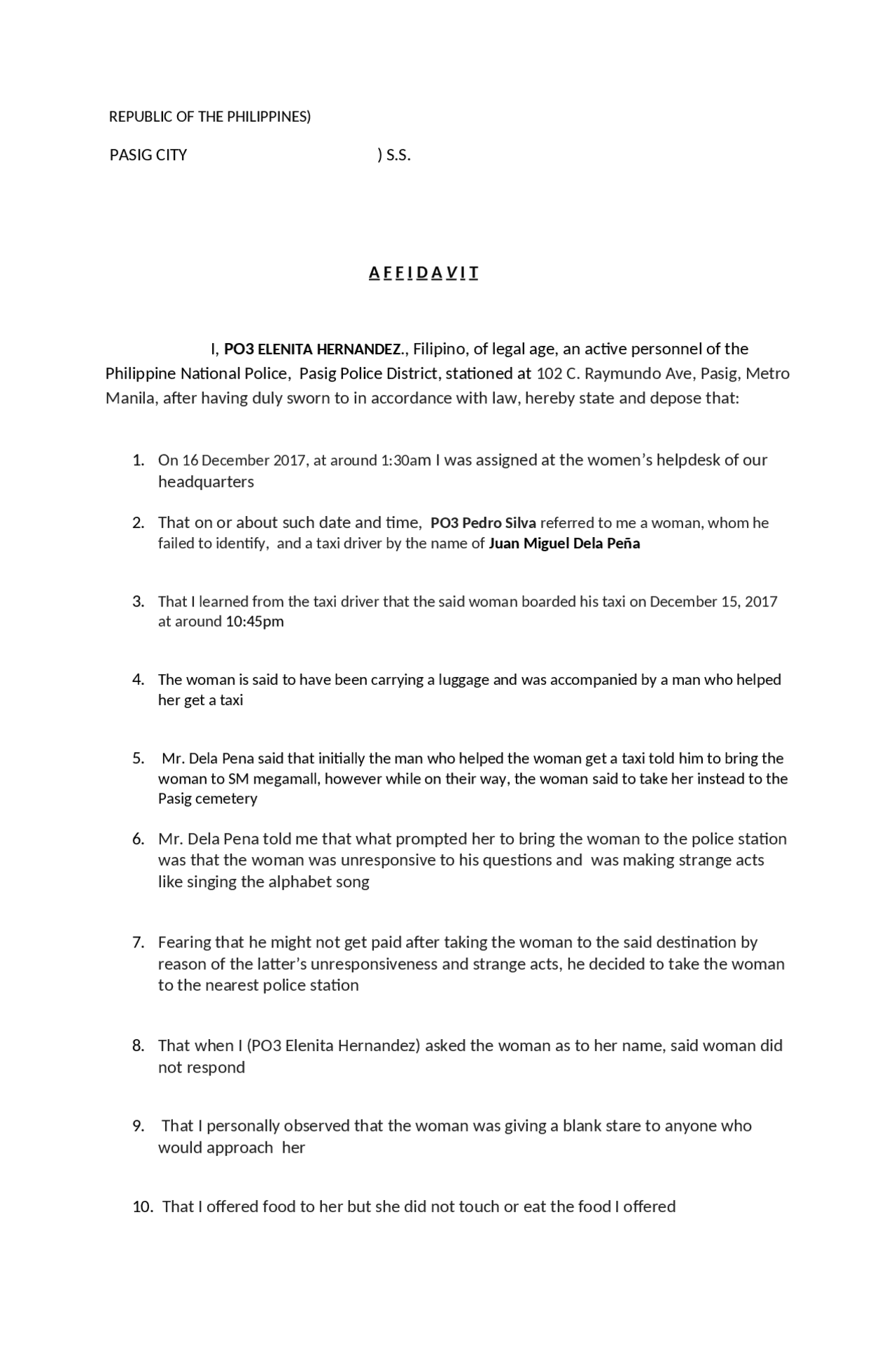 Sample Affidavit Of A Police In A Murder Case Docsity