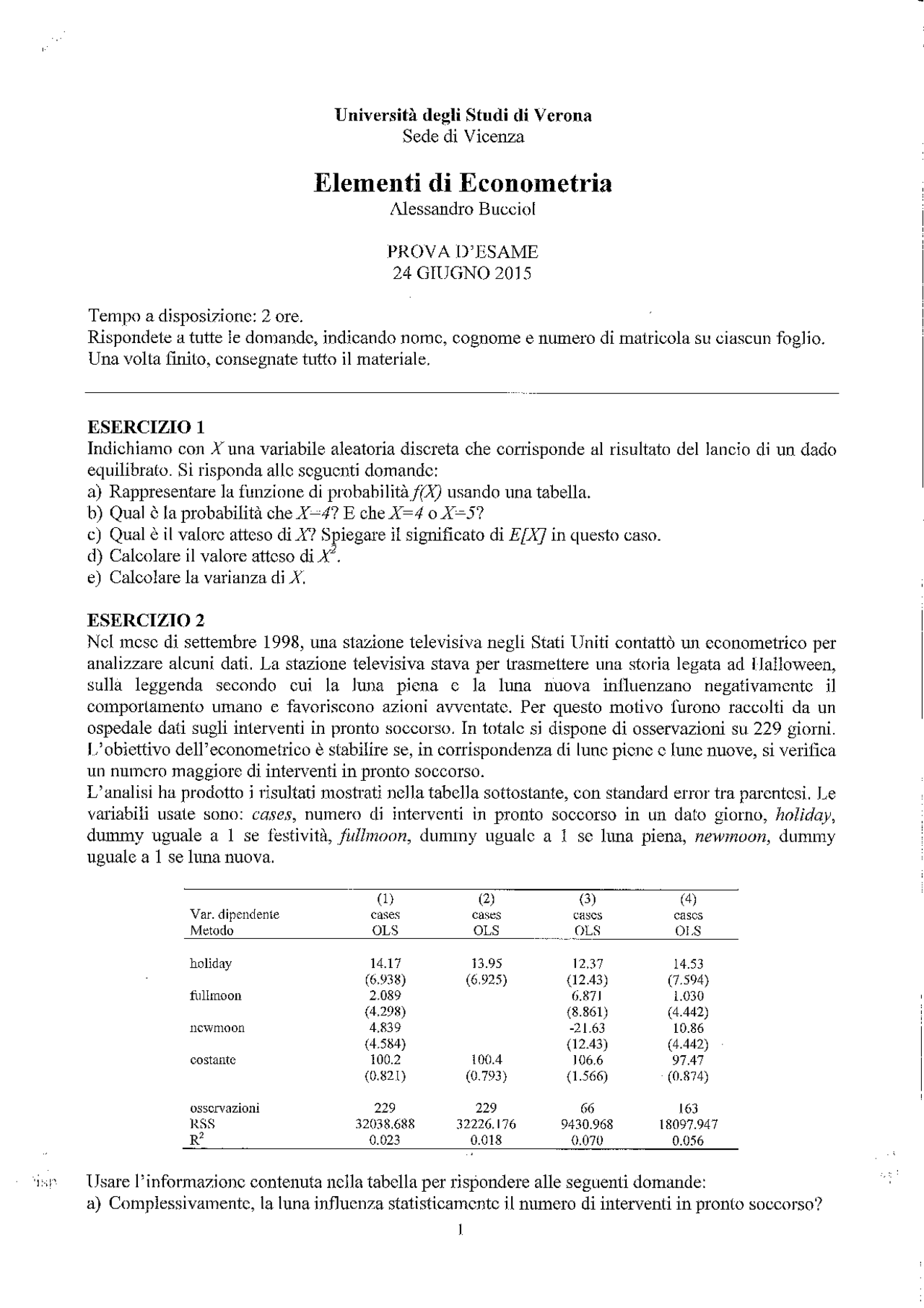 Tema Desame Di Econometria Prove Desame Di Econometria Docsity