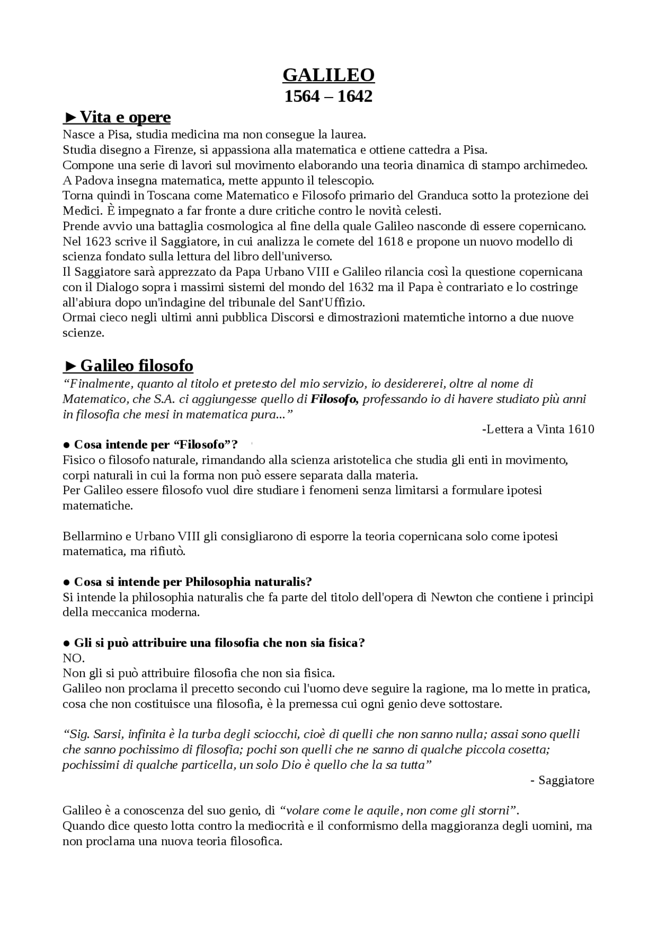 Galileo Riassunto E Schemi Docsity