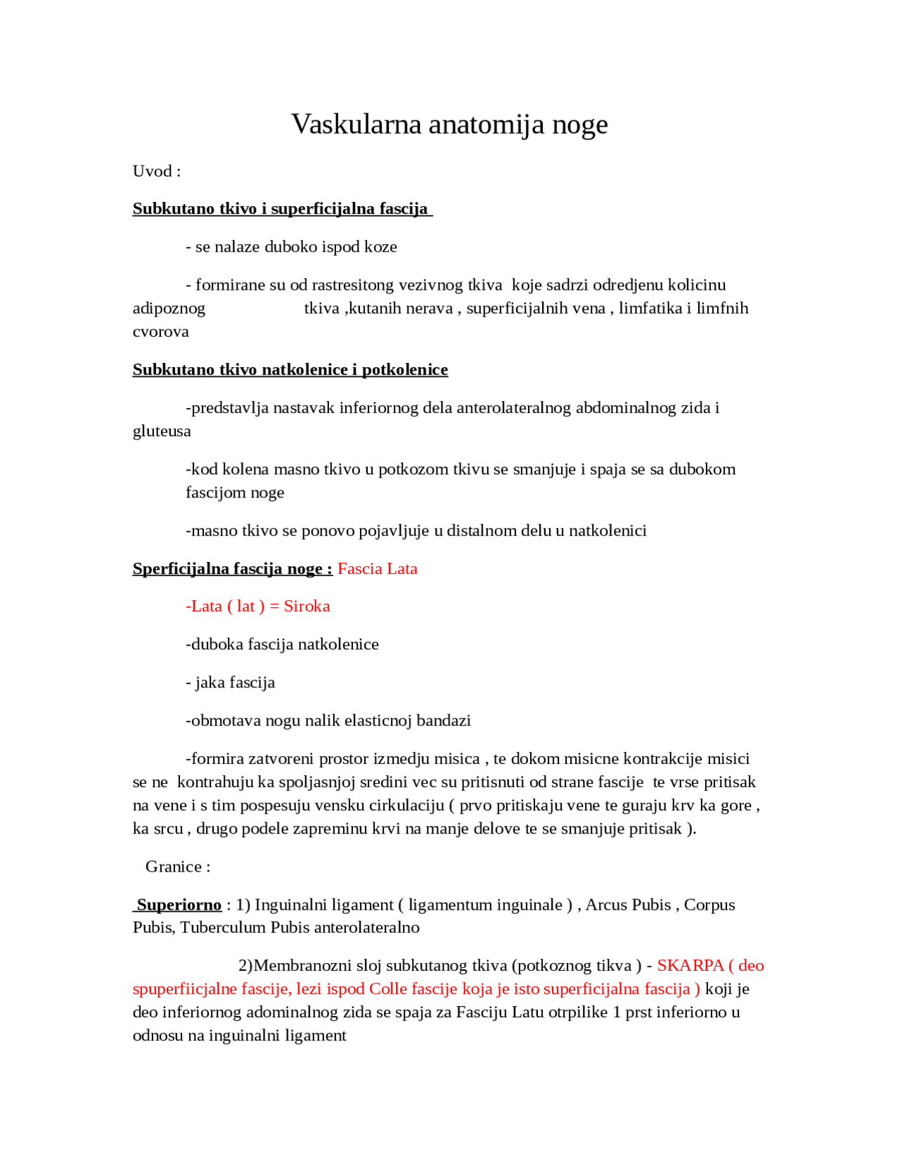 Vaskularna Anatomija Noge Beleške Predlog Anatomija čoveka Docsity