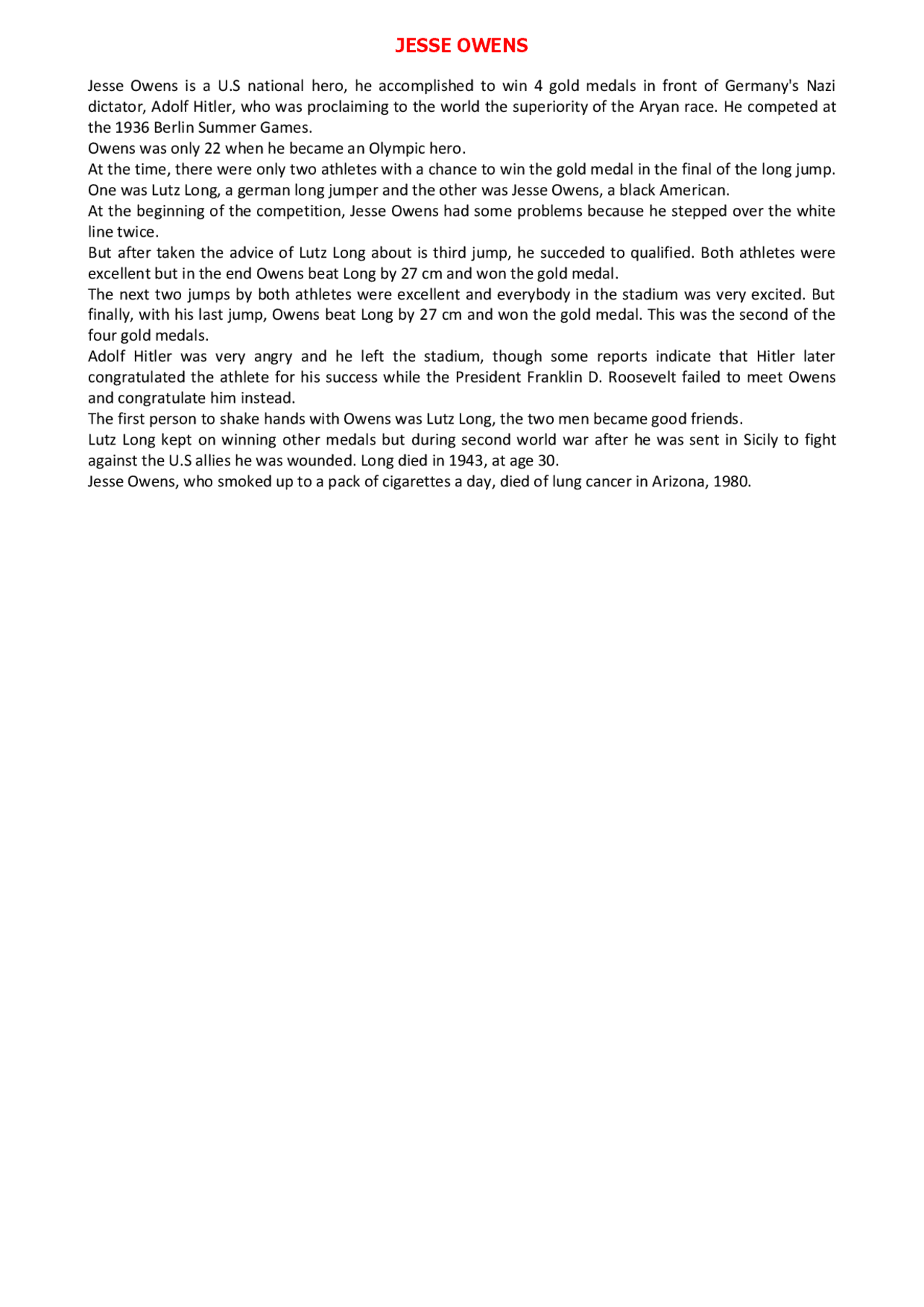 INGLESE: JESSE OWENS - Docsity