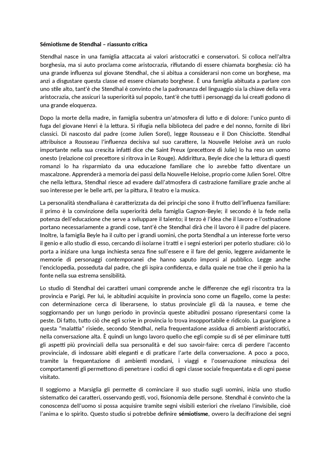 Riassunto Semiotisme De Stendhal M Simons Docsity