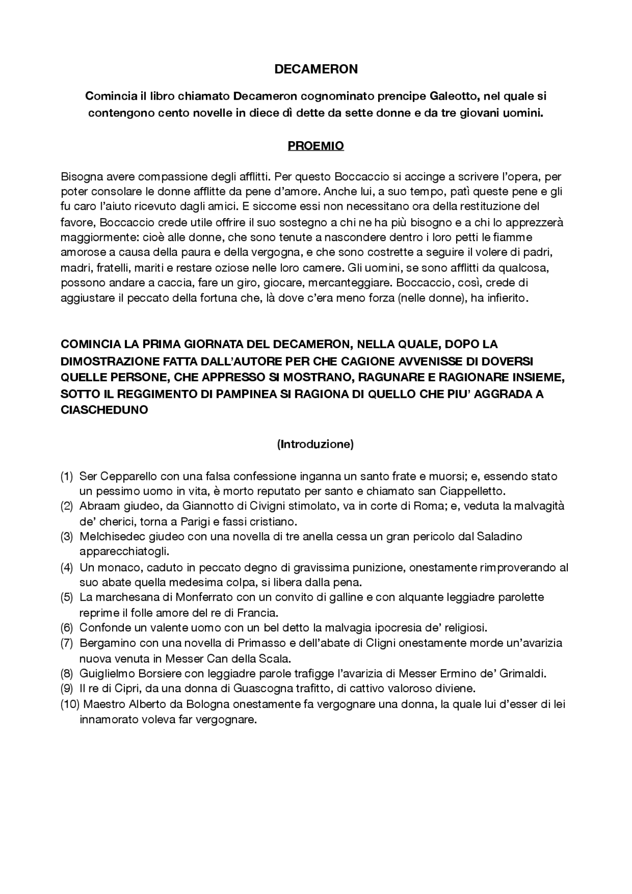 STRUTTURA SCHEMATICA DEL DECAMERON - Docsity