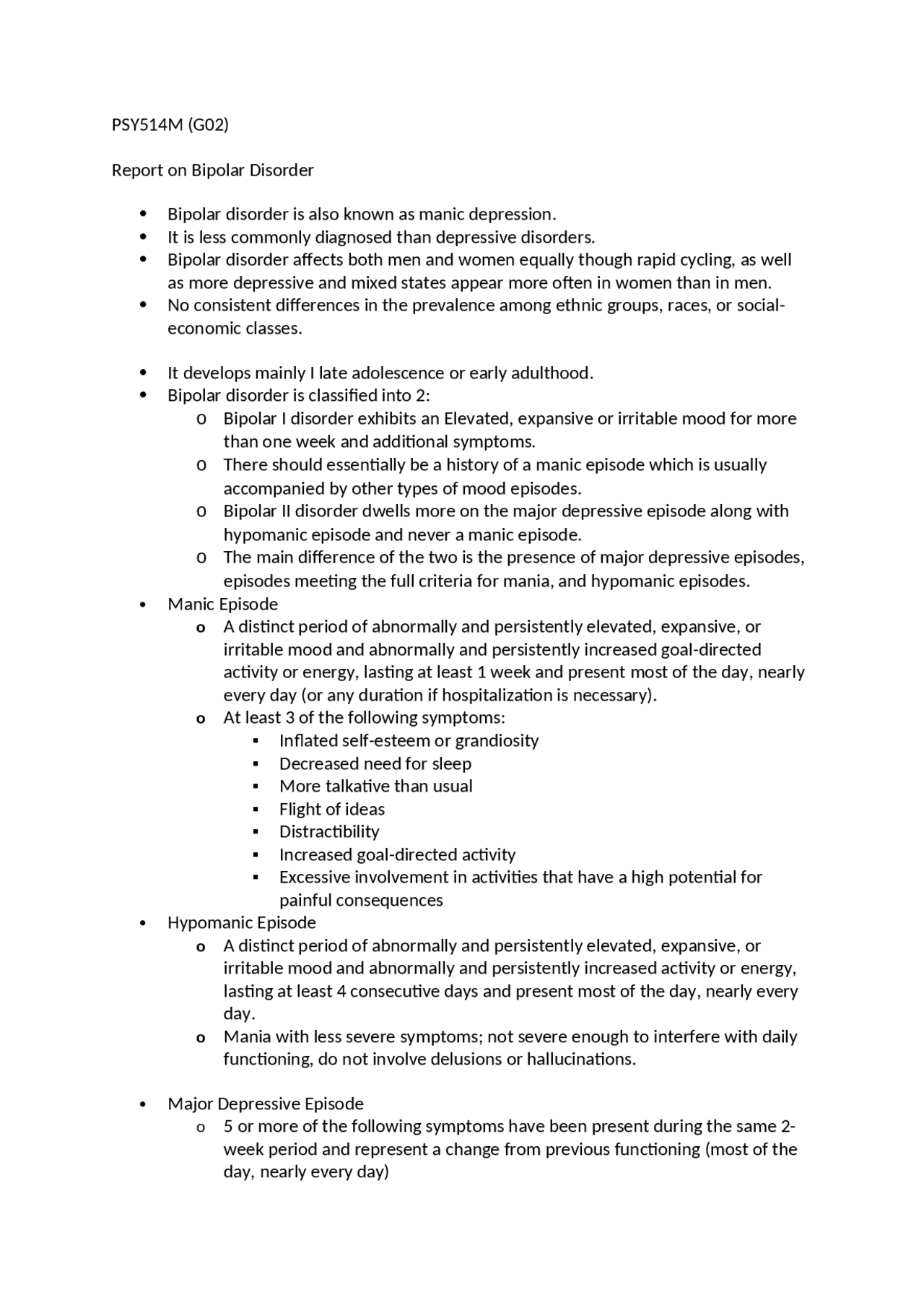 Bipolar Disorder Study Notes | Study notes Psychology | Docsity
