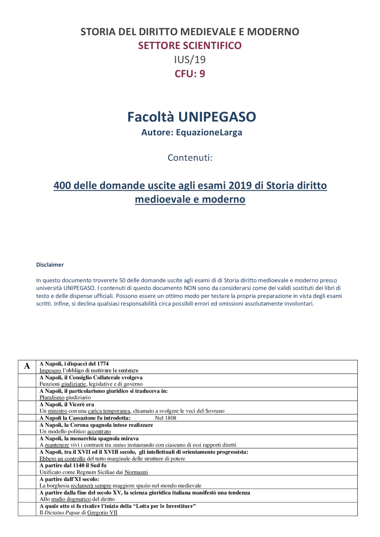 Domande Di Storia Del Diritto Medioevale E Moderno Docsity