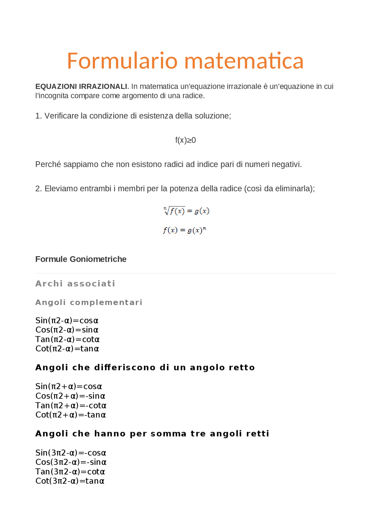 Formulario matematica - Docsity