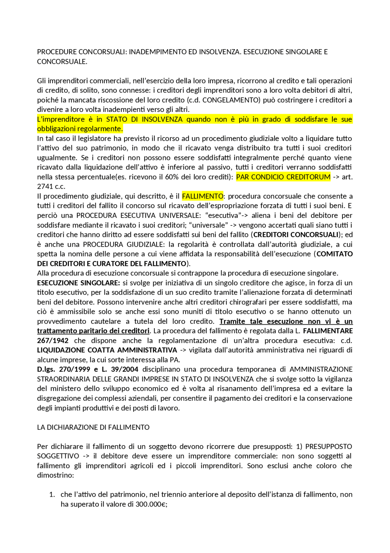 Riassunto Procedure Concorsuali Docsity