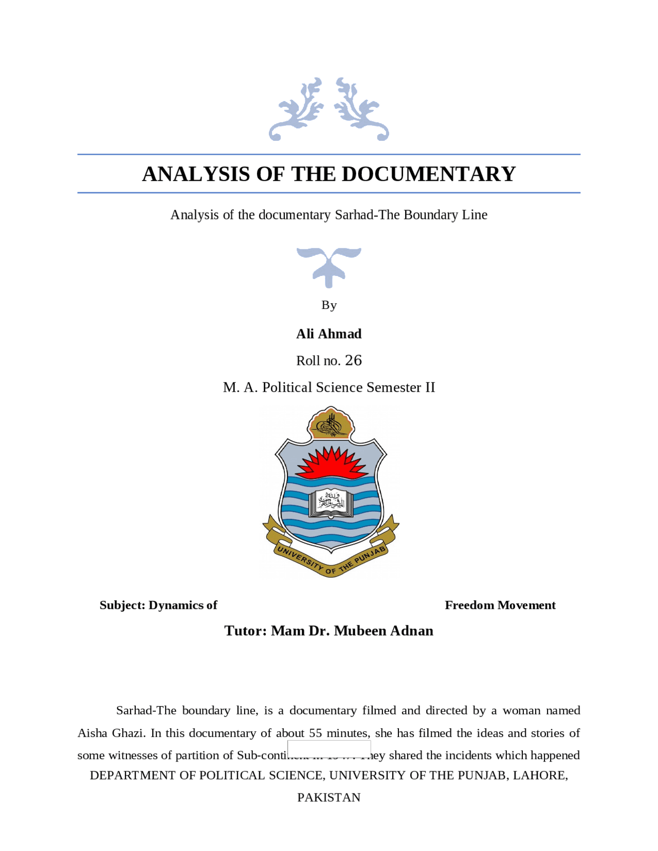 Analysis Of Sarhad The Documentary Docsity
