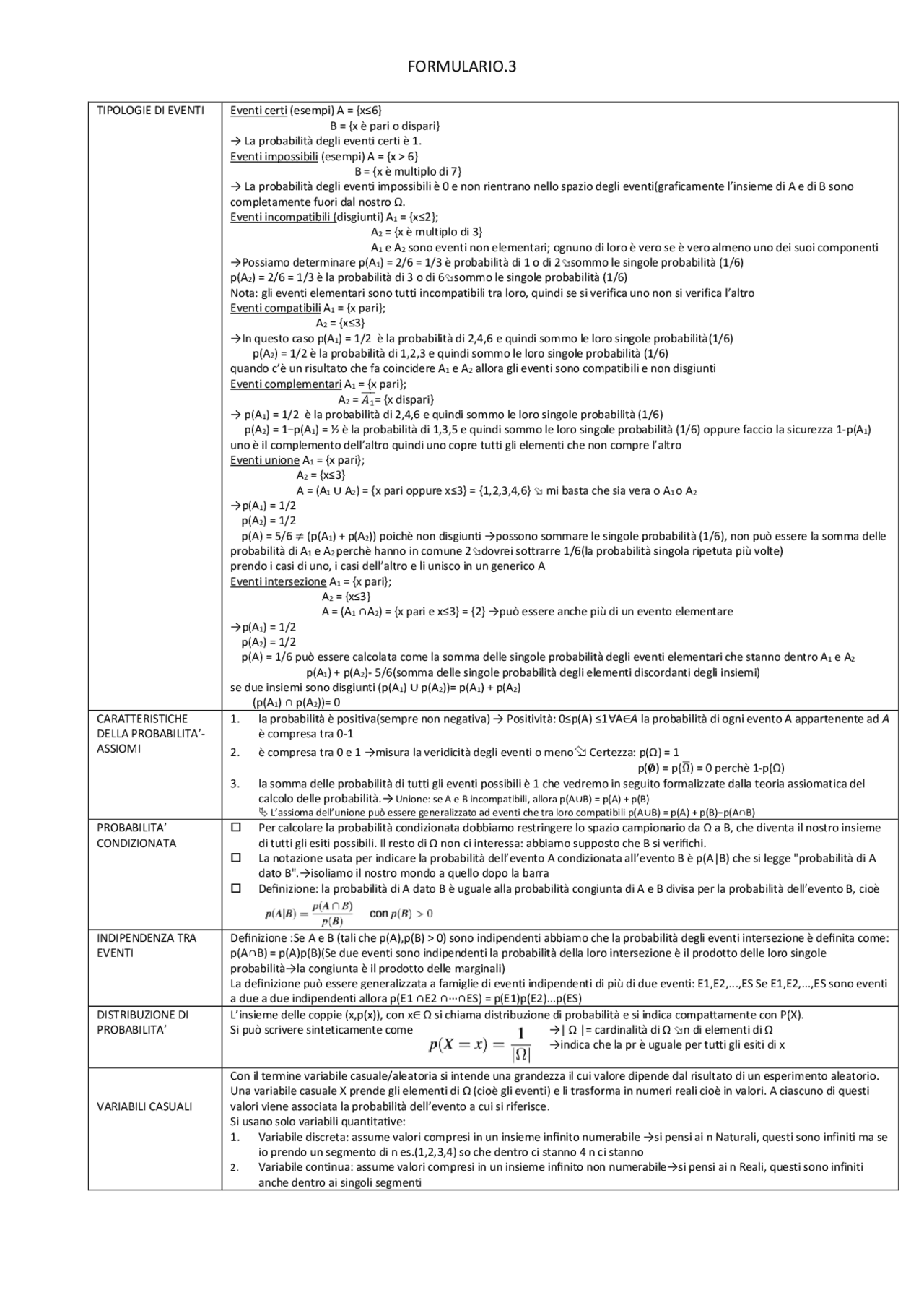 Formulario Di Statistica Docsity