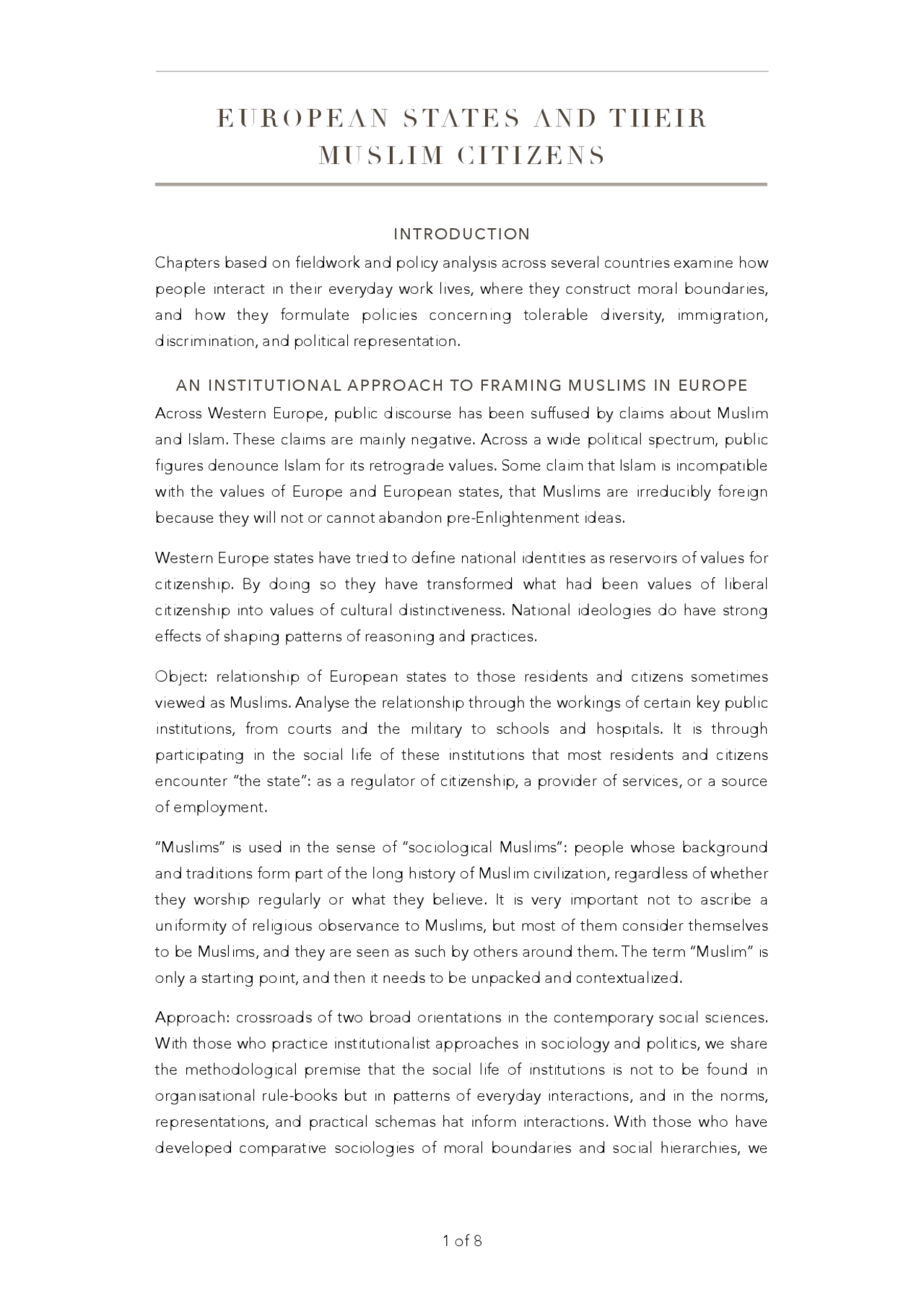 J R Bowen European States And Their Muslim Citizens Docsity