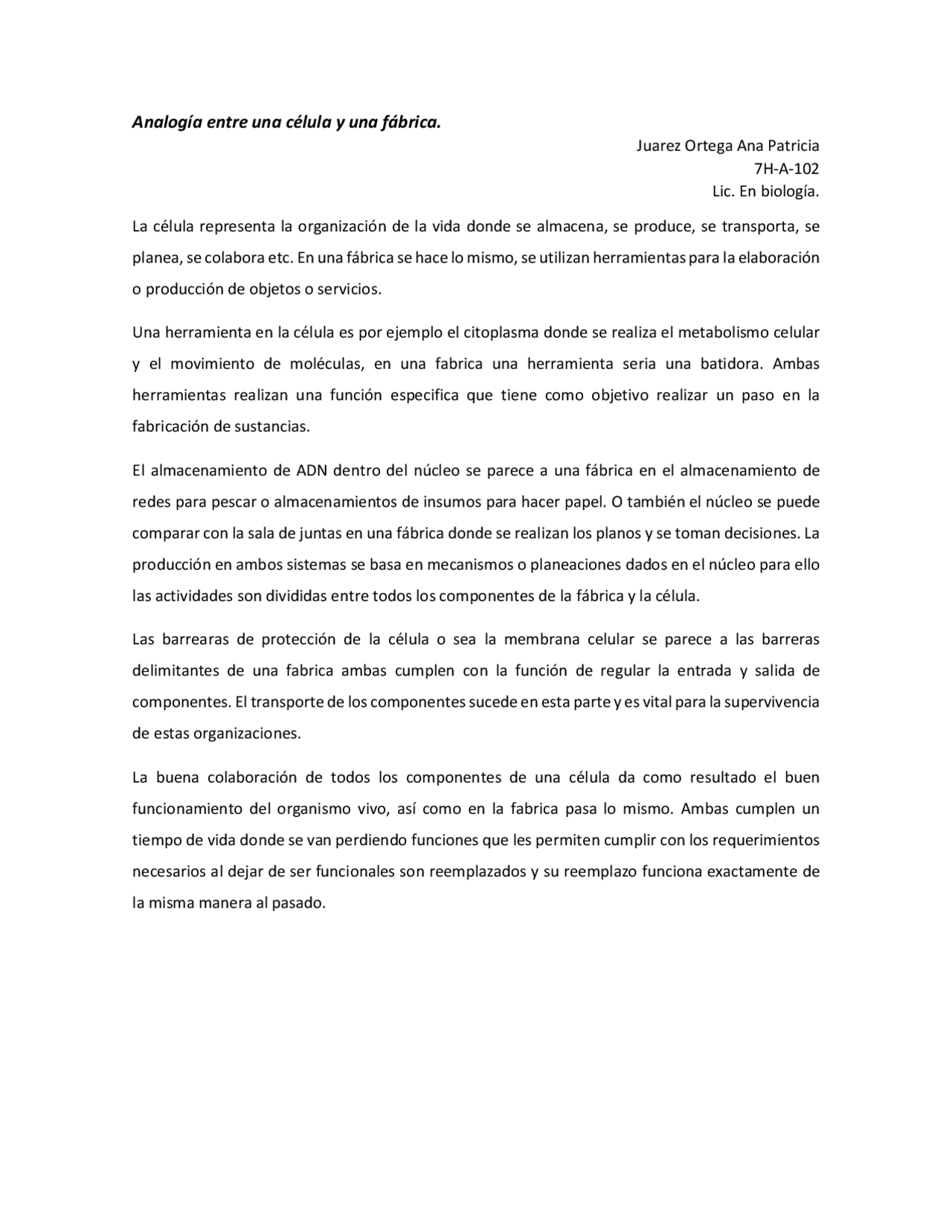 Analogía Entre Una Célula Y Una Fabrica Resúmenes De Biología Docsity