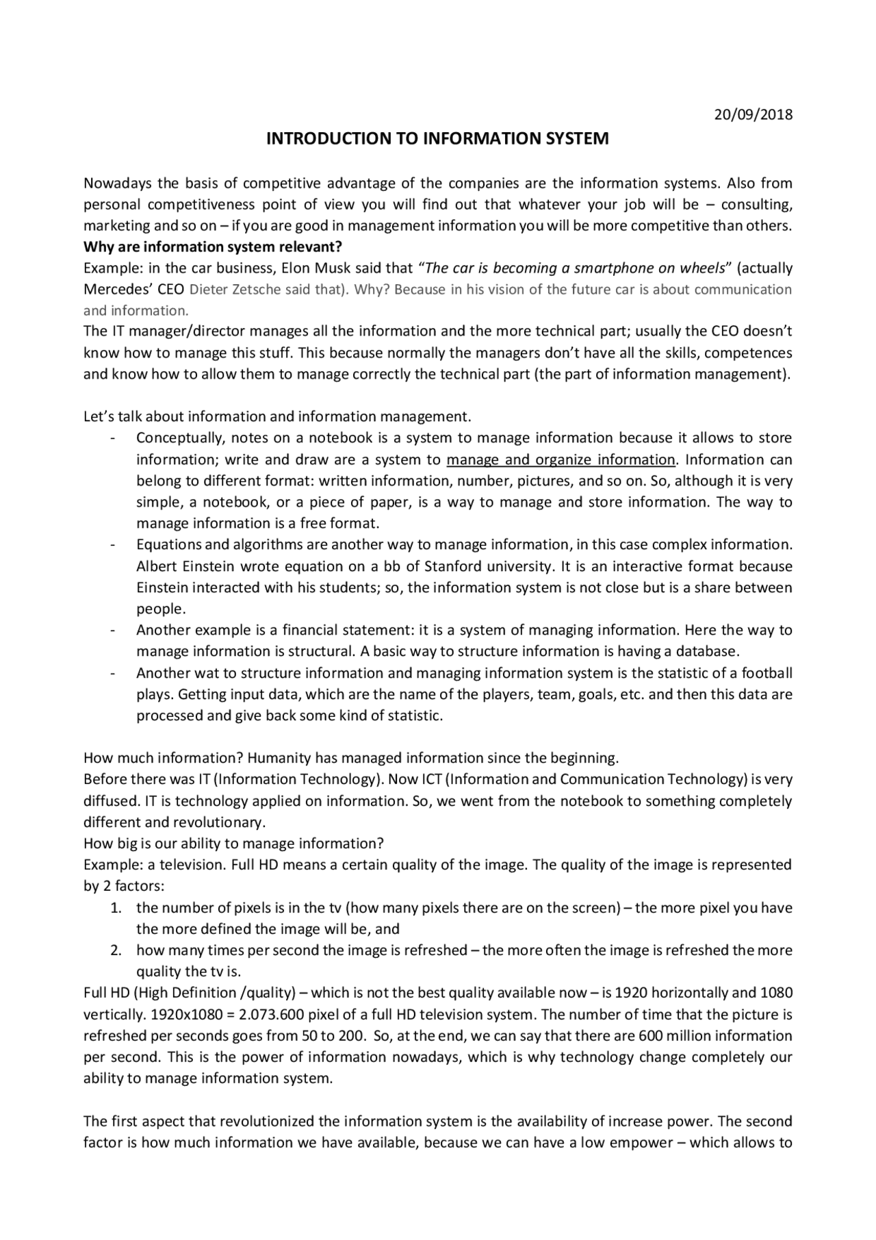 Appunti completi e perfetti delle lezioni di MANAGEMENT INFORMATION SYSTEMS con prof. ALESSANDRO ...