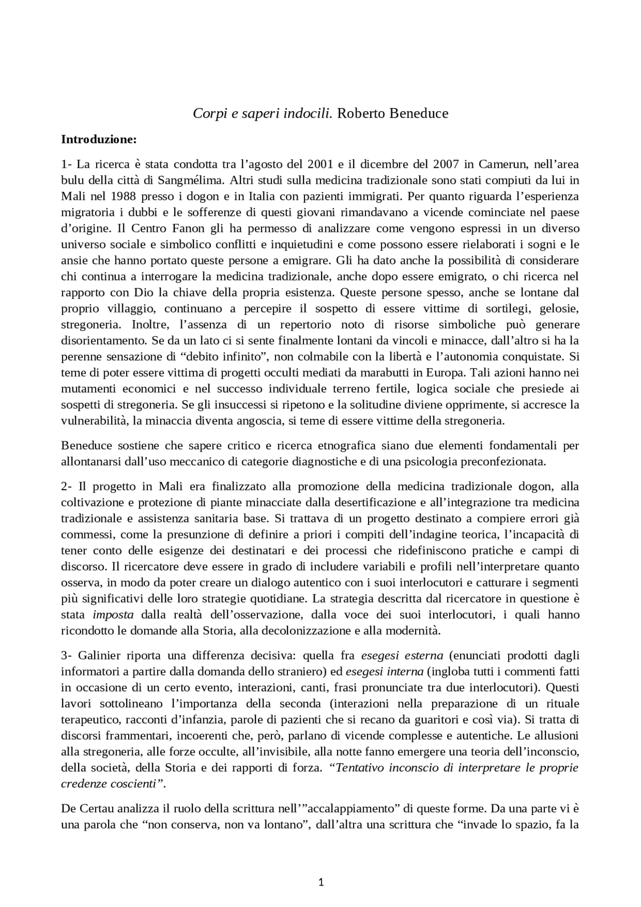 Beneduce Corpi E Saperi Indocili Prove Desame Di Antropologia Docsity