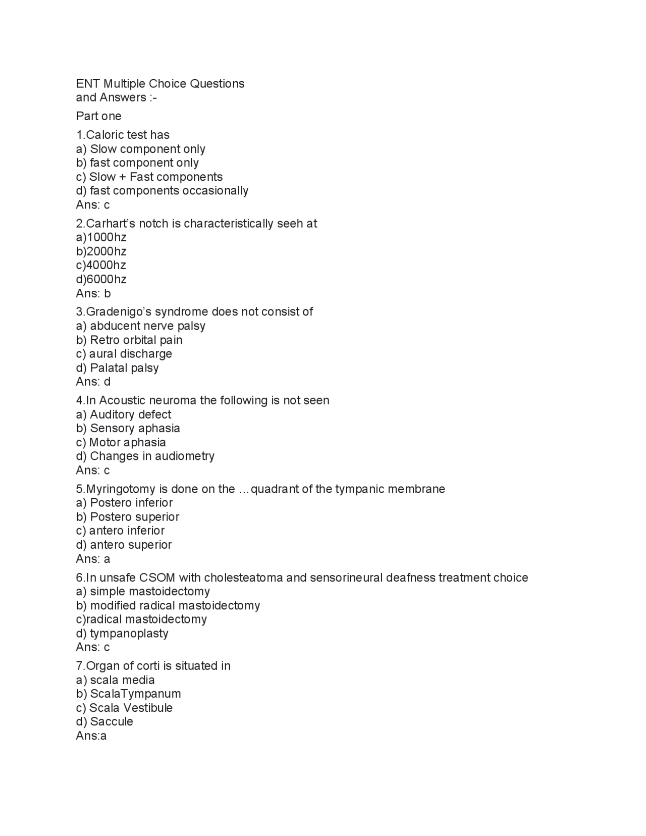 MCQs ENT for medical students | Quizzes Medicine | Docsity