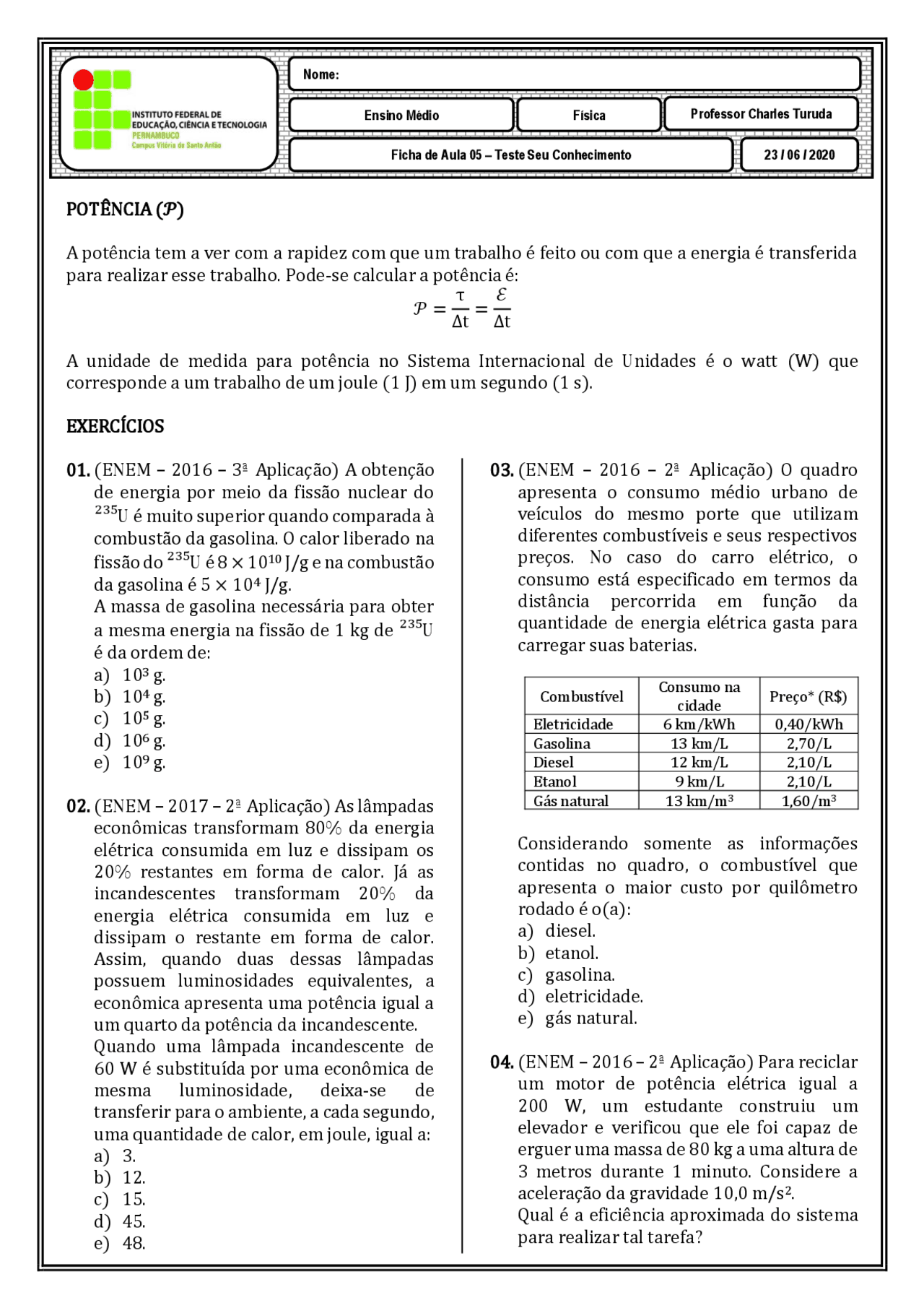 Ficha De Aula 05 Revisão Enem Docsity