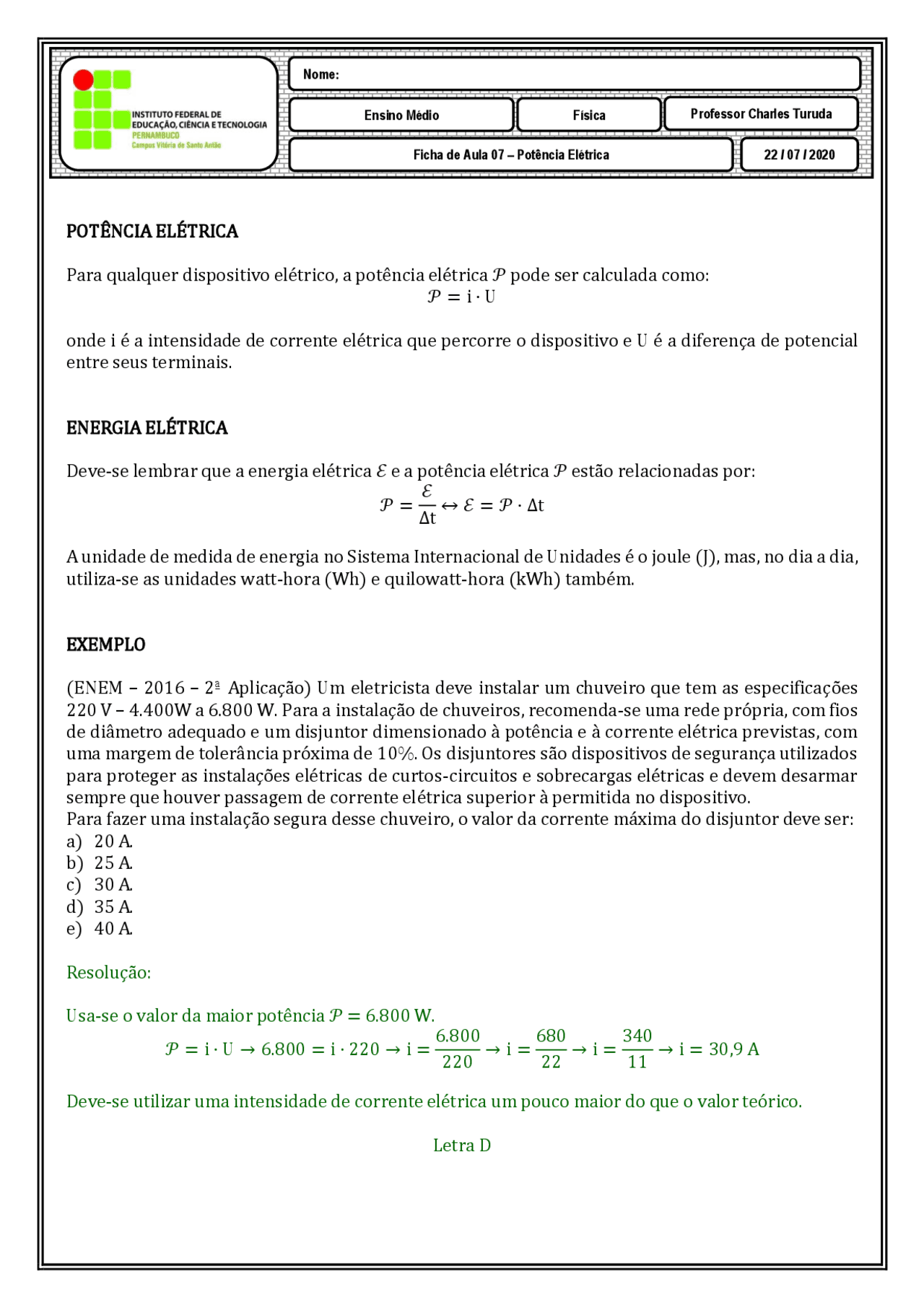 Ficha De Aula 07 Revisão Enem Notas De Aula Física Docsity