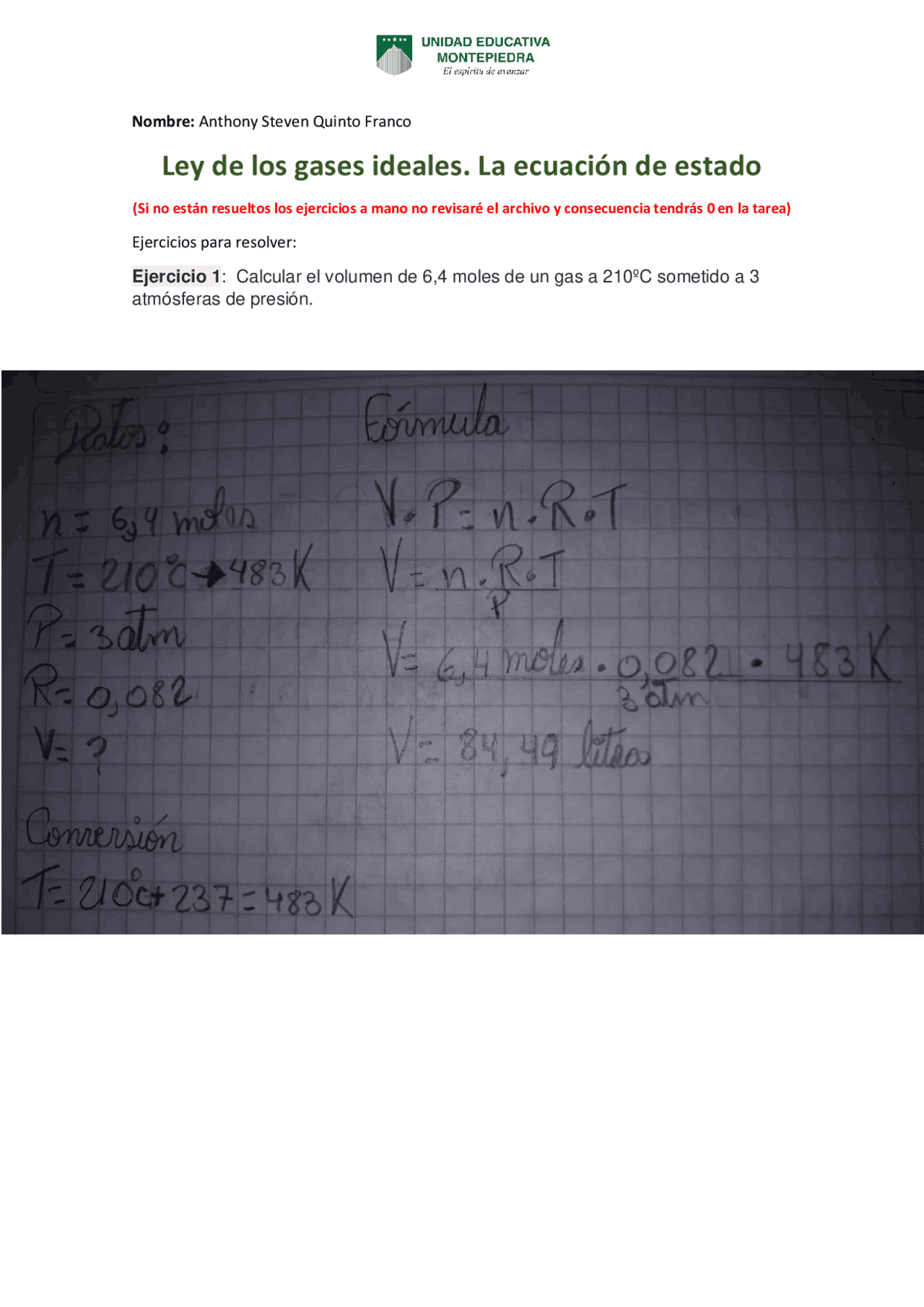 Ley de los gases ideales - Docsity