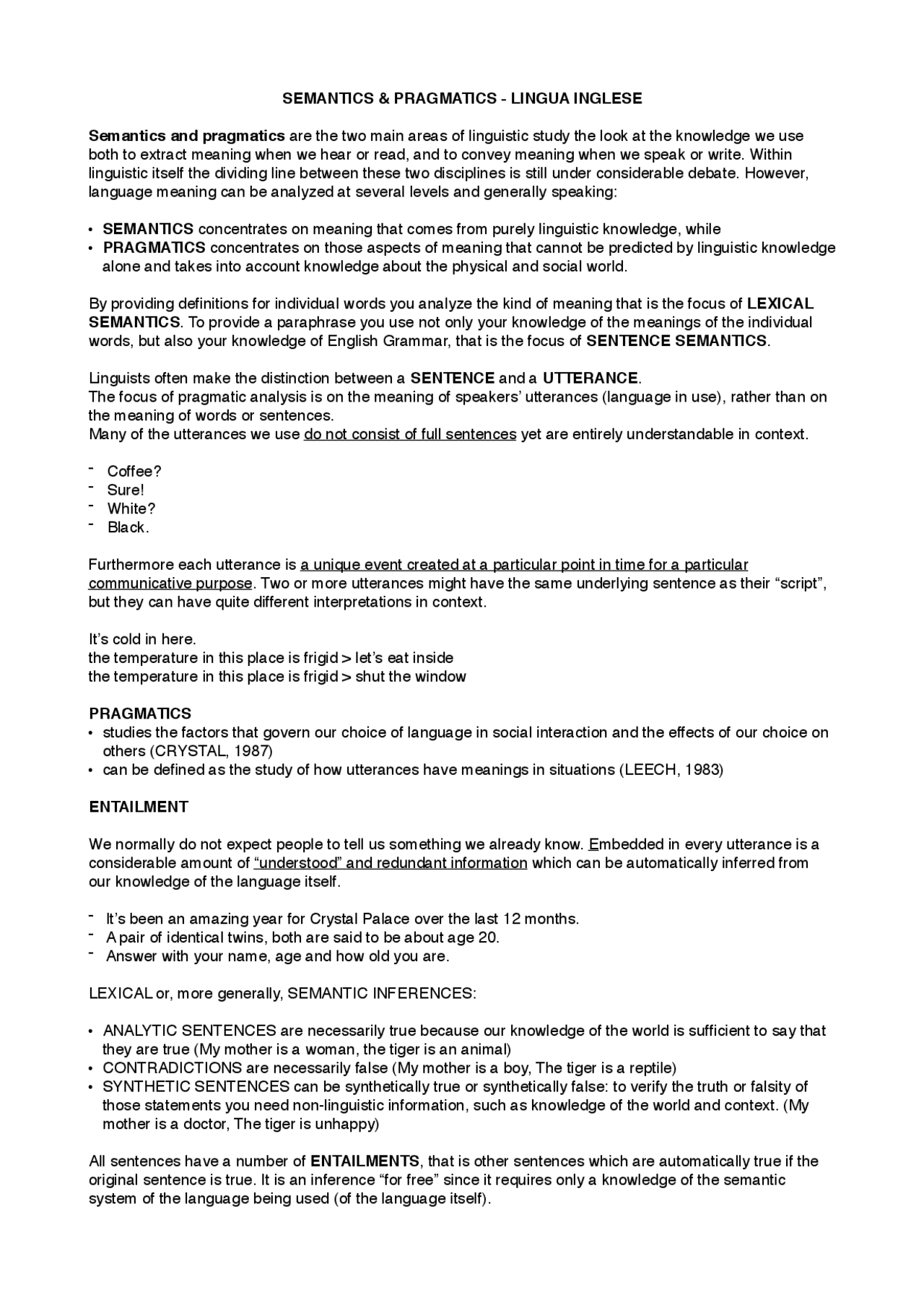 Semantics And Pragmatics Lingua Inglese Docsity