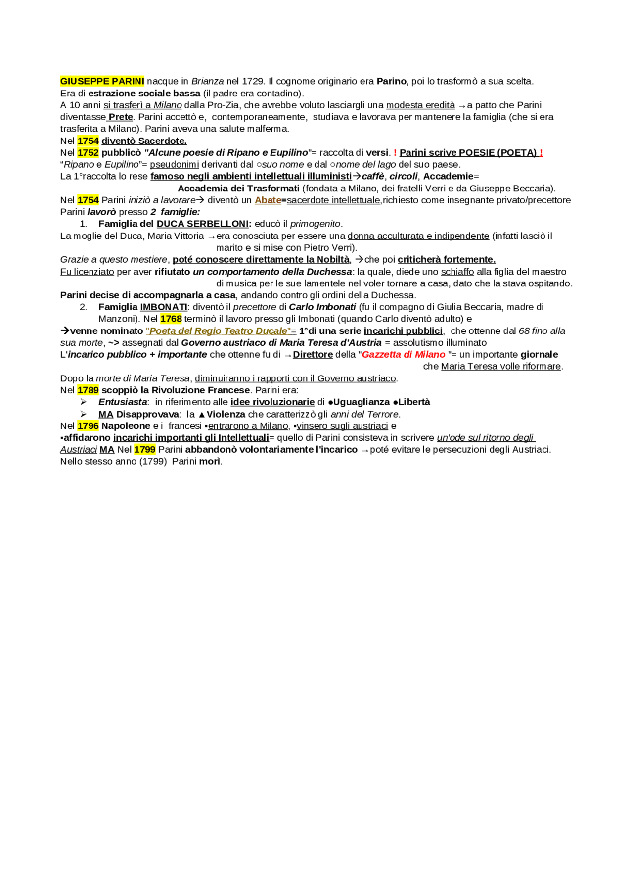 Giuseppe Parini La Vita Appunti Di Italiano Docsity