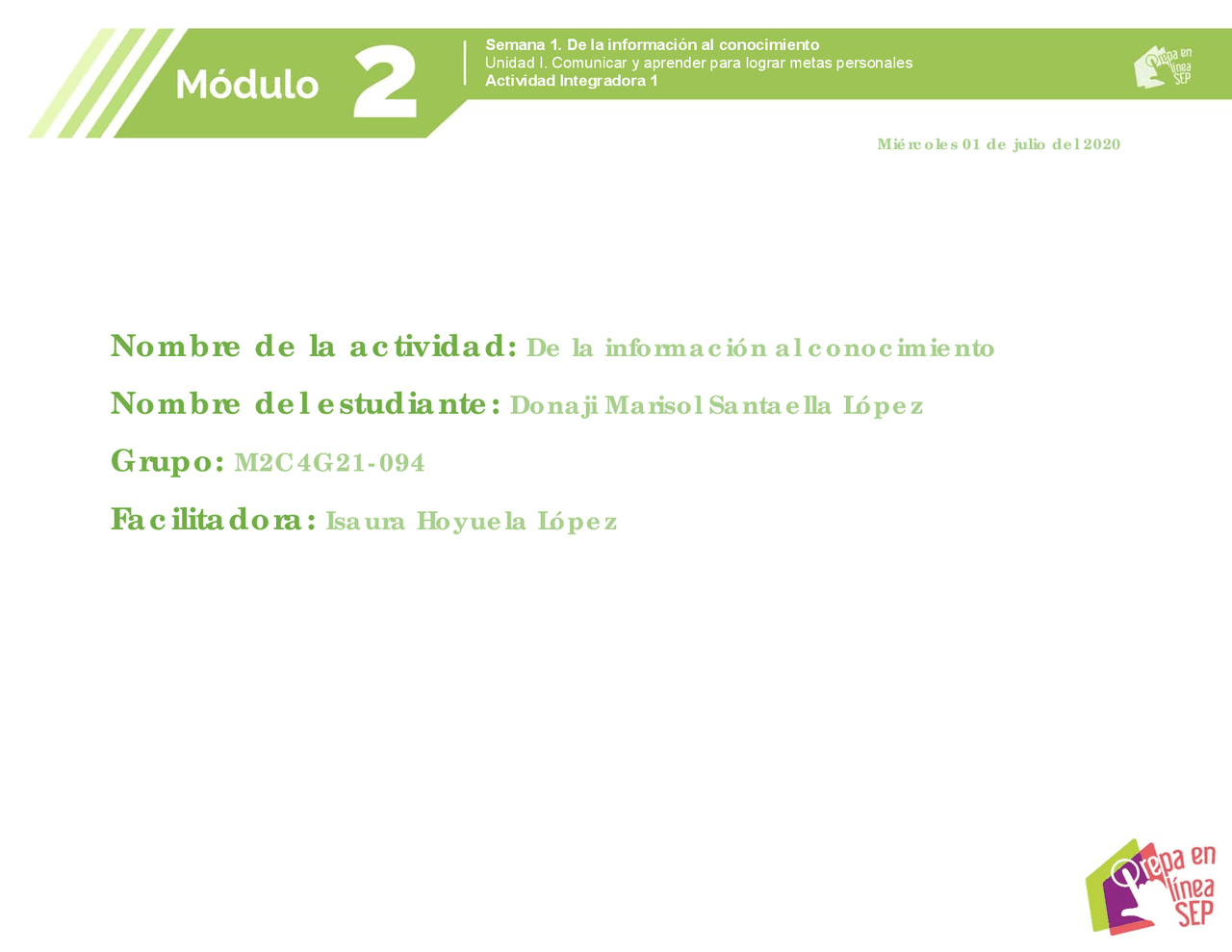 MODULO 2 ACTIVIDAD INTEGRADORA 1 | Study notes of Spanish | Docsity