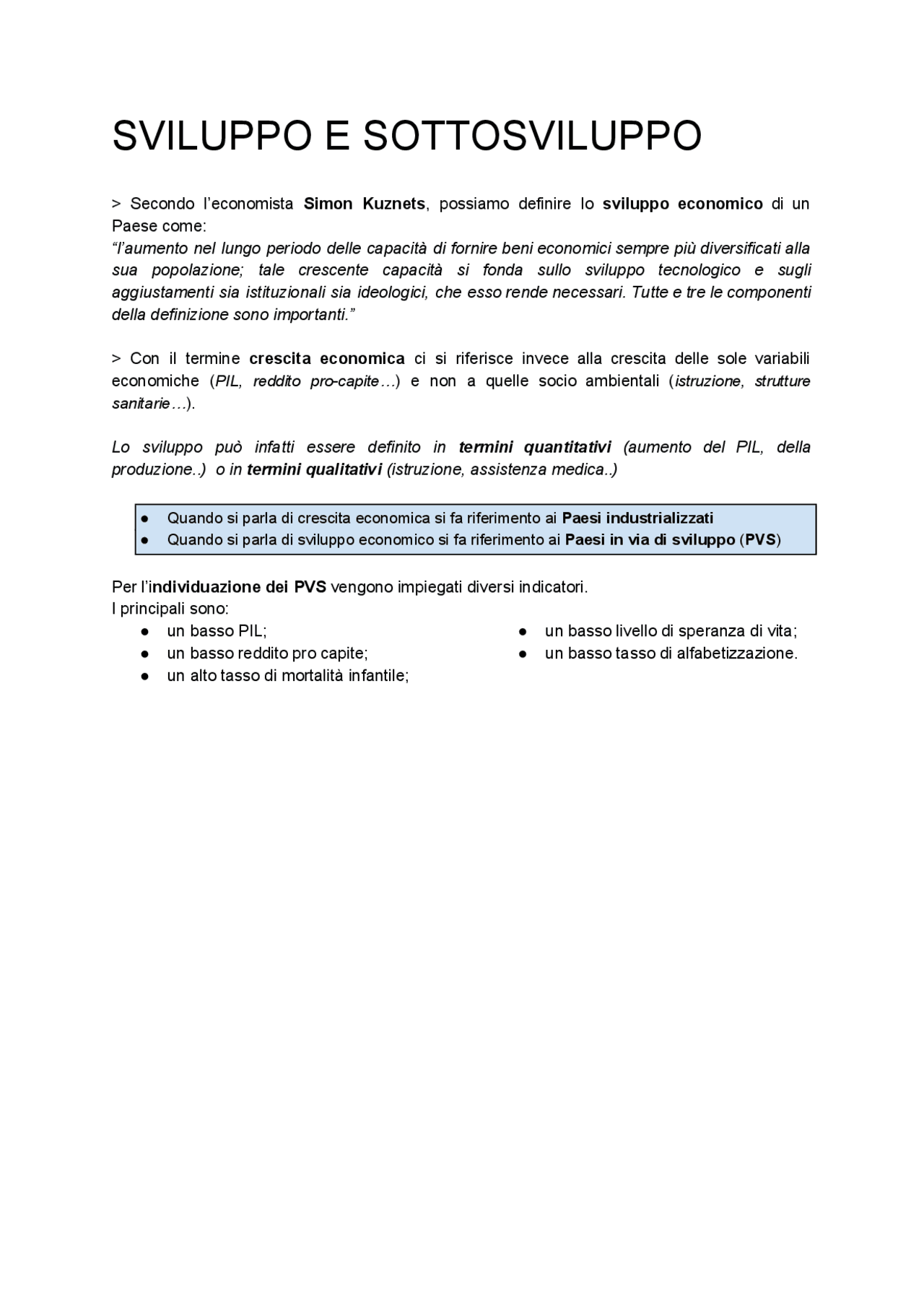 SVILUPPO E SOTTOSVILUPPO riassunto/dispensa - Docsity
