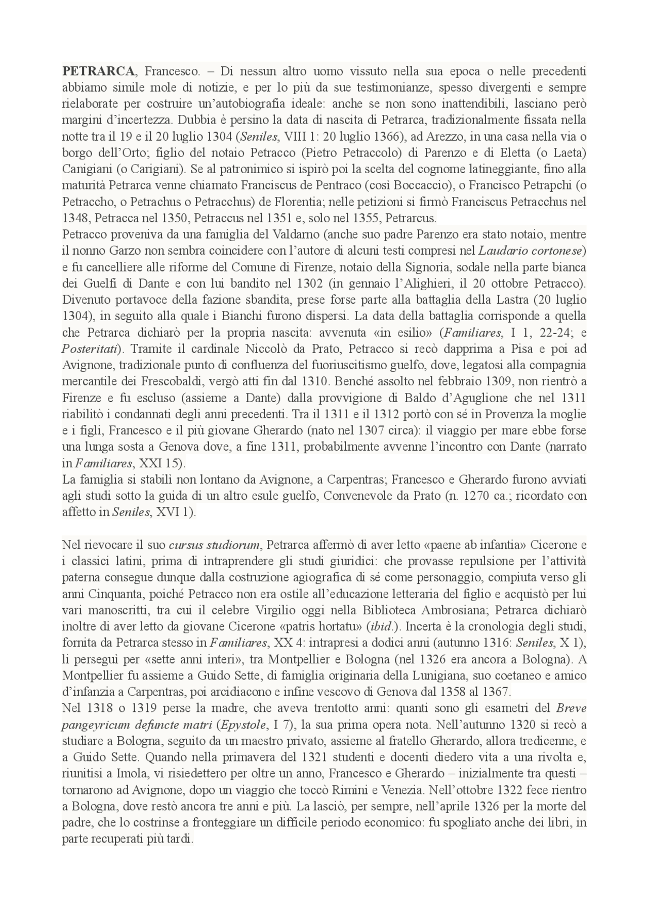 Biografia Petrarca in dettaglio - Docsity