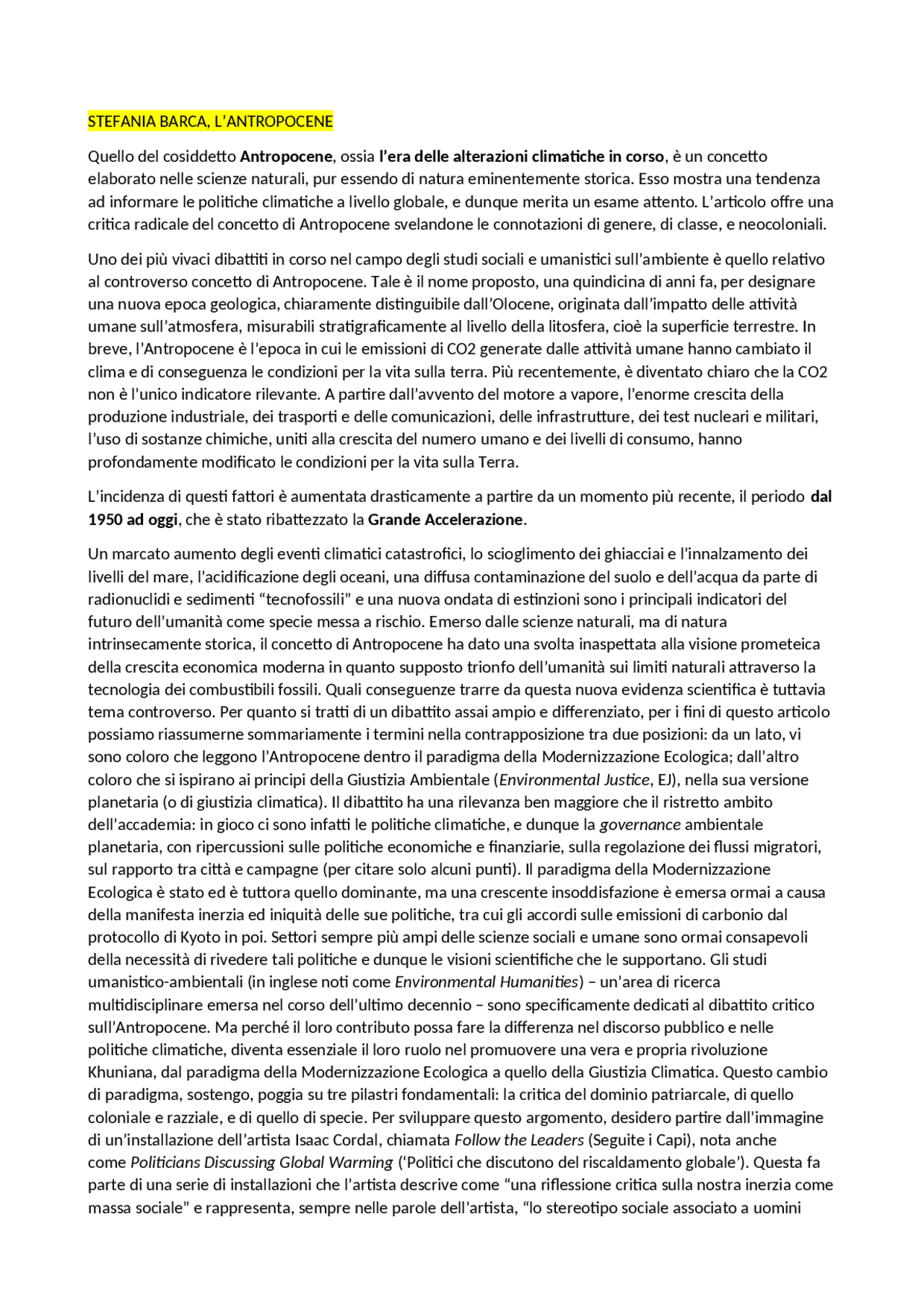 Geografia, Stefania Barca e L'Antropocene - Docsity