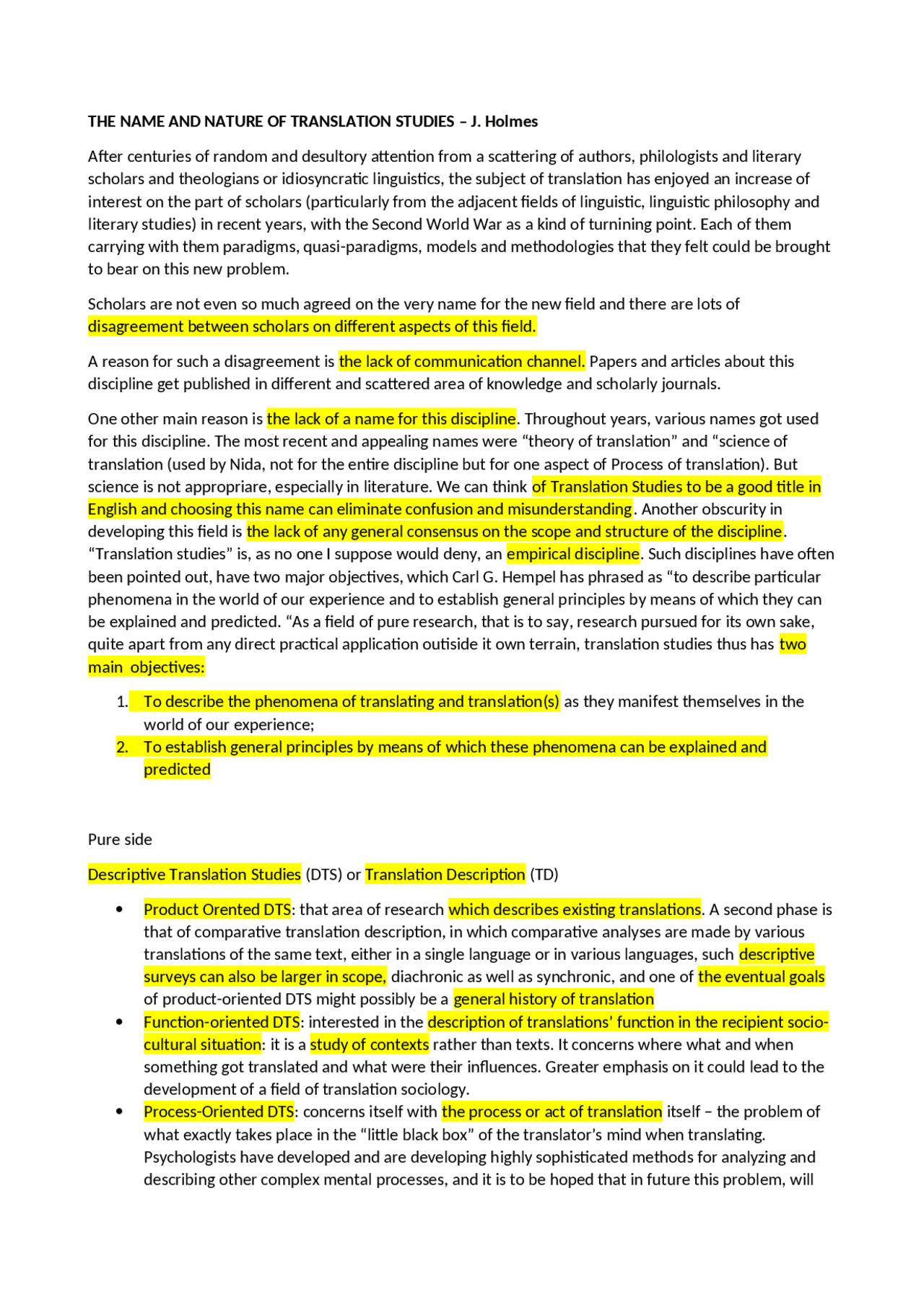 The name and nature of translation studies - Holmes - Docsity