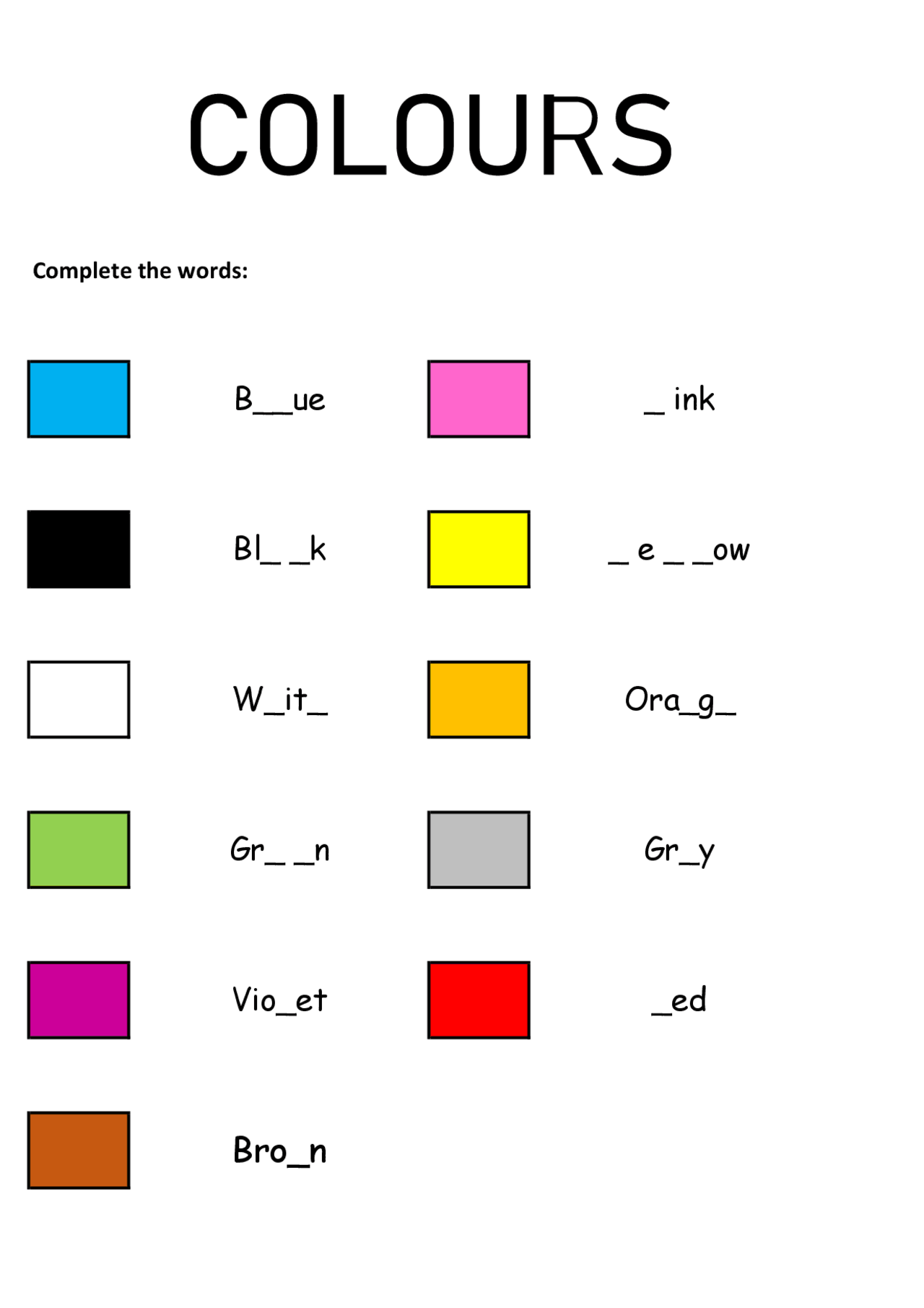 Completa la palabra. Colours - Docsity