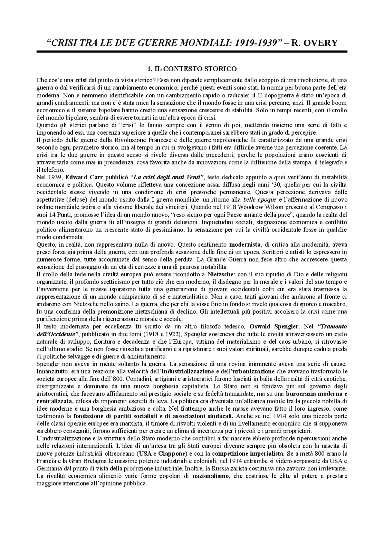 Crisi Tra Le Due Guerre Mondiali 1919 1939 R Overy Riassuto Docsity