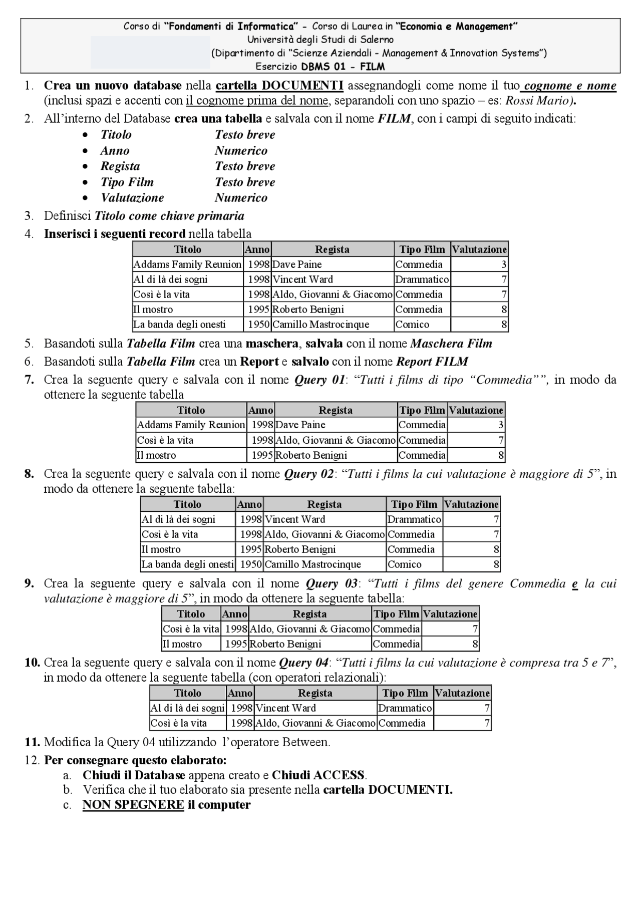 Esercitazioni Fondamenti Di Informatica Docsity