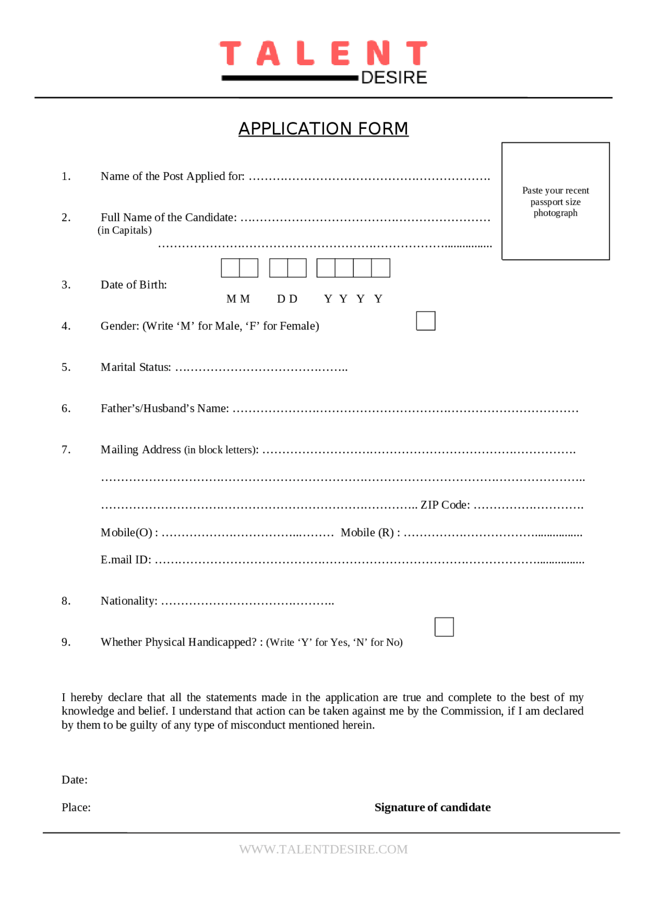 Offline Application Form for Work at Home - Docsity