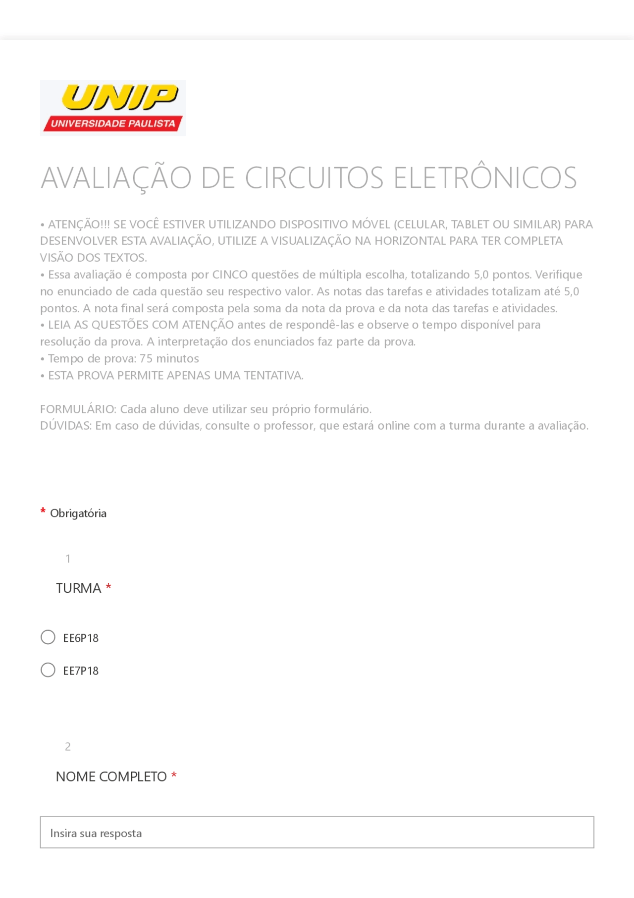 Prova De Circuitos Eletronicos Provas Circuitos Elétricos Docsity