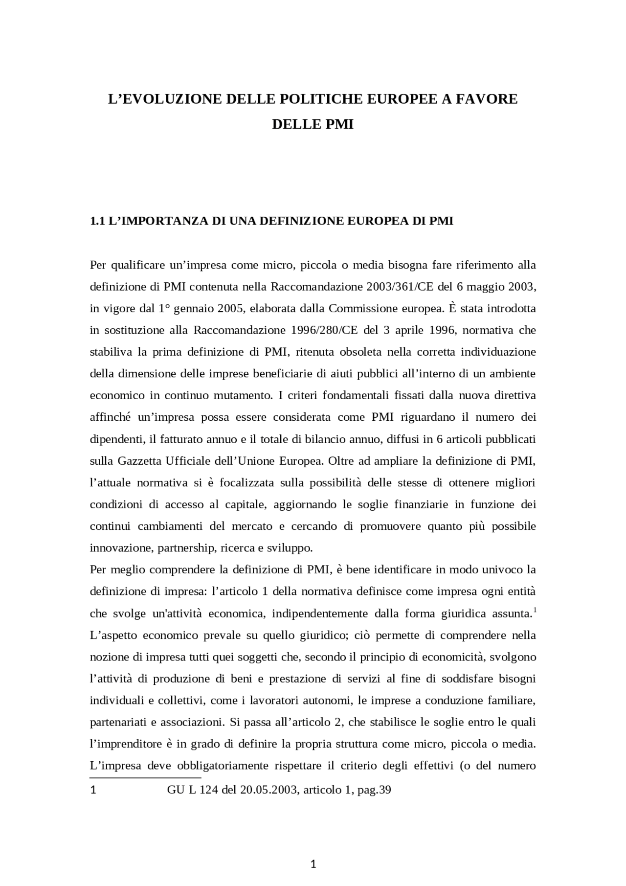 L’EVOLUZIONE DELLE POLITICHE EUROPEE A FAVORE DELLE PMI - Docsity