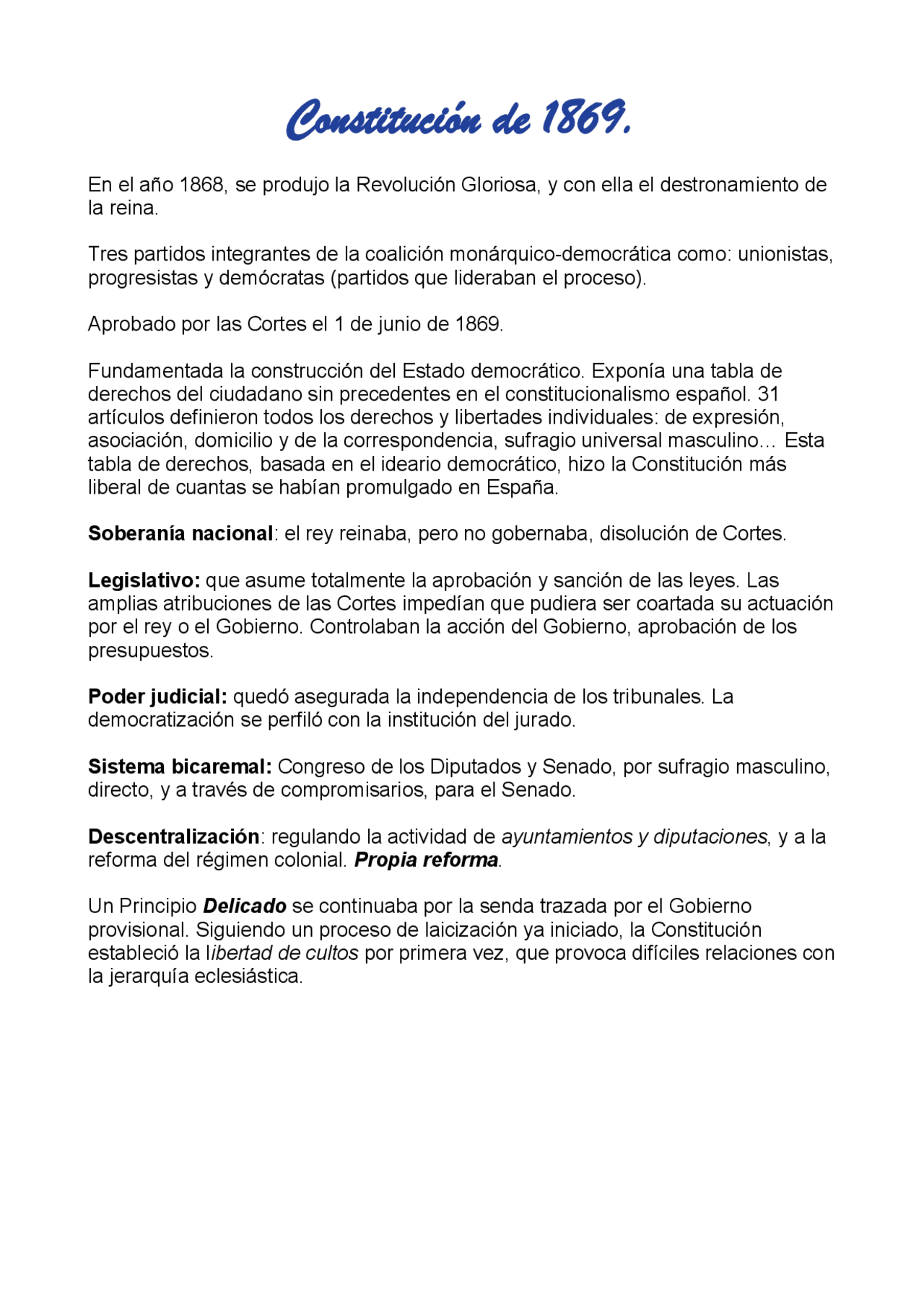 Historia de España. Estándar 76 (Constitución de 1869). - Docsity