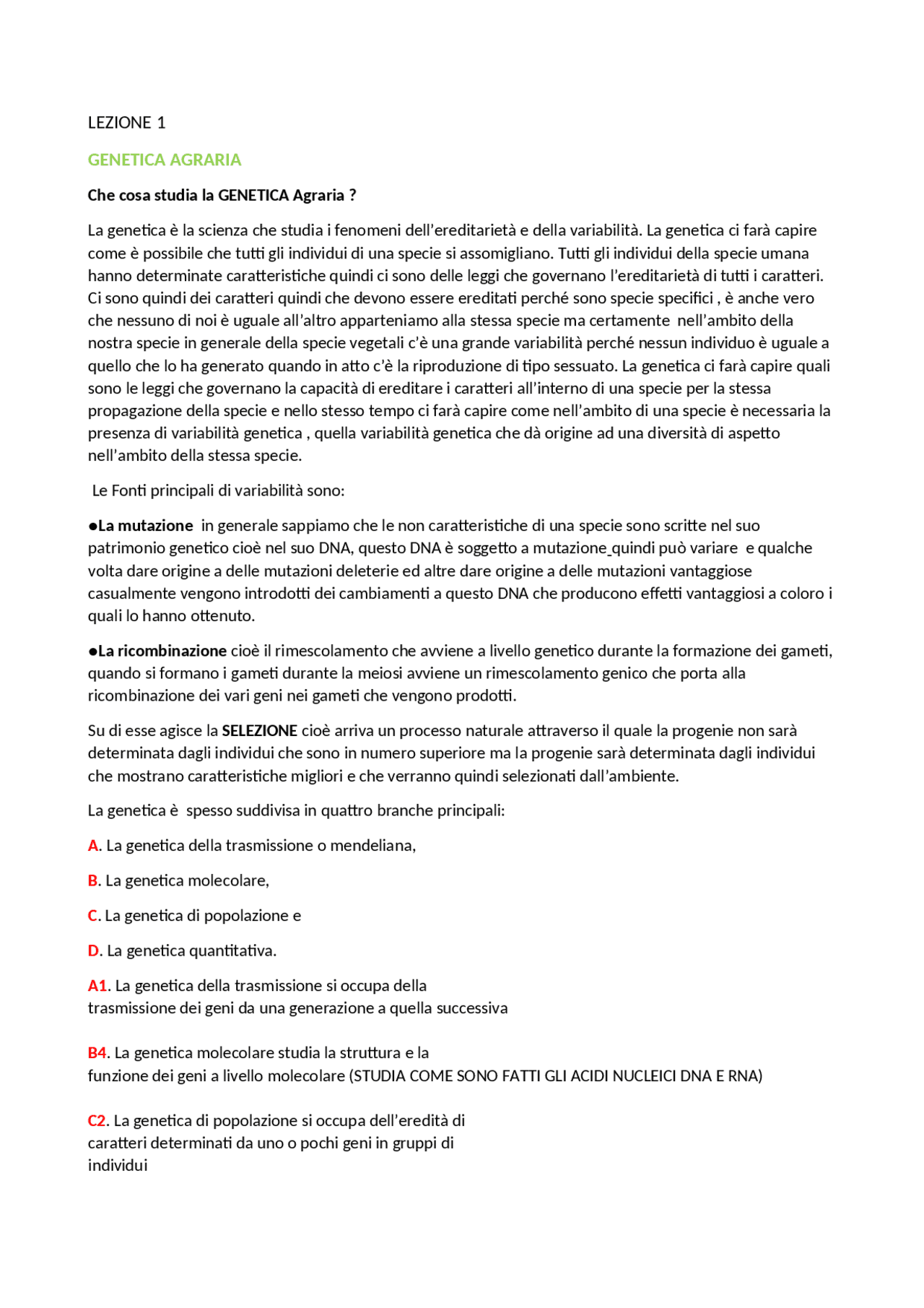 Genetica Agraria Riassunto Docsity