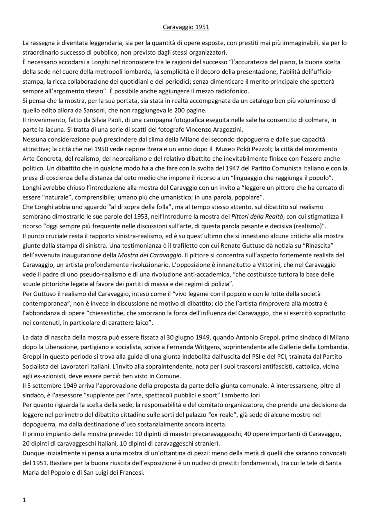 Riassunto CARAVAGGIO 1951 - Patrizio Aiello - Docsity