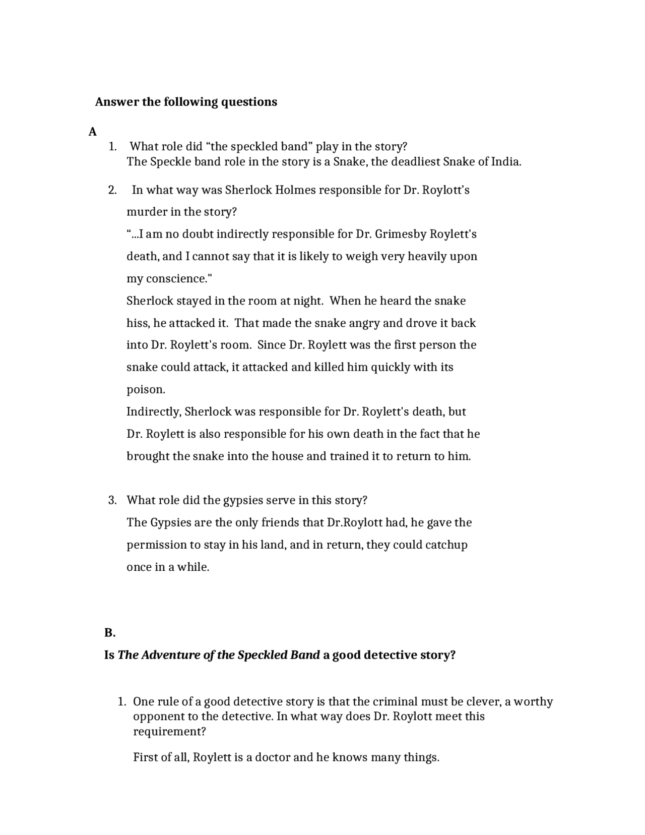 The Adventure of the speckled band (La banda de lunares) preguntas y ...