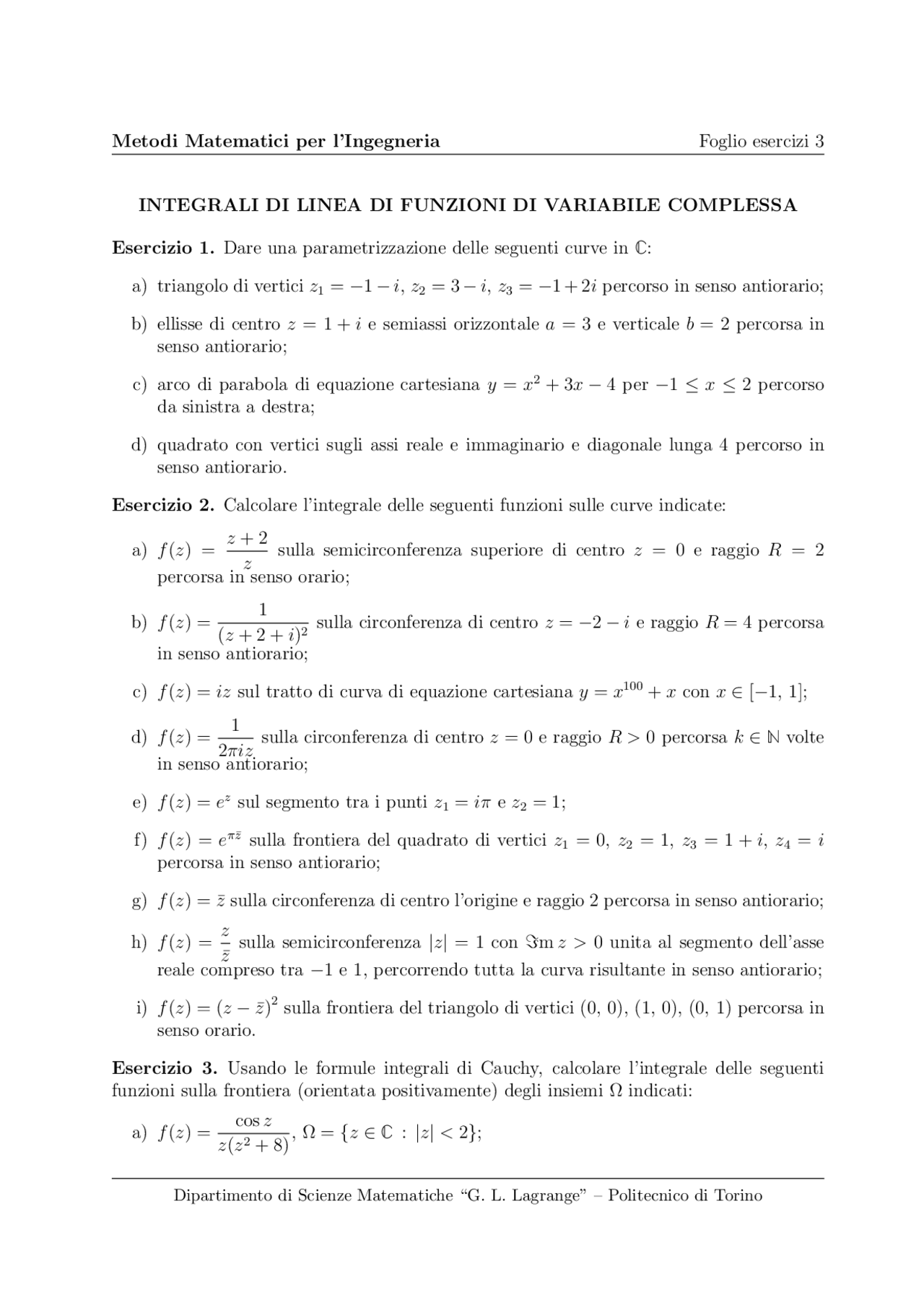 Soluzione esercizi Metodi Matematici - Docsity
