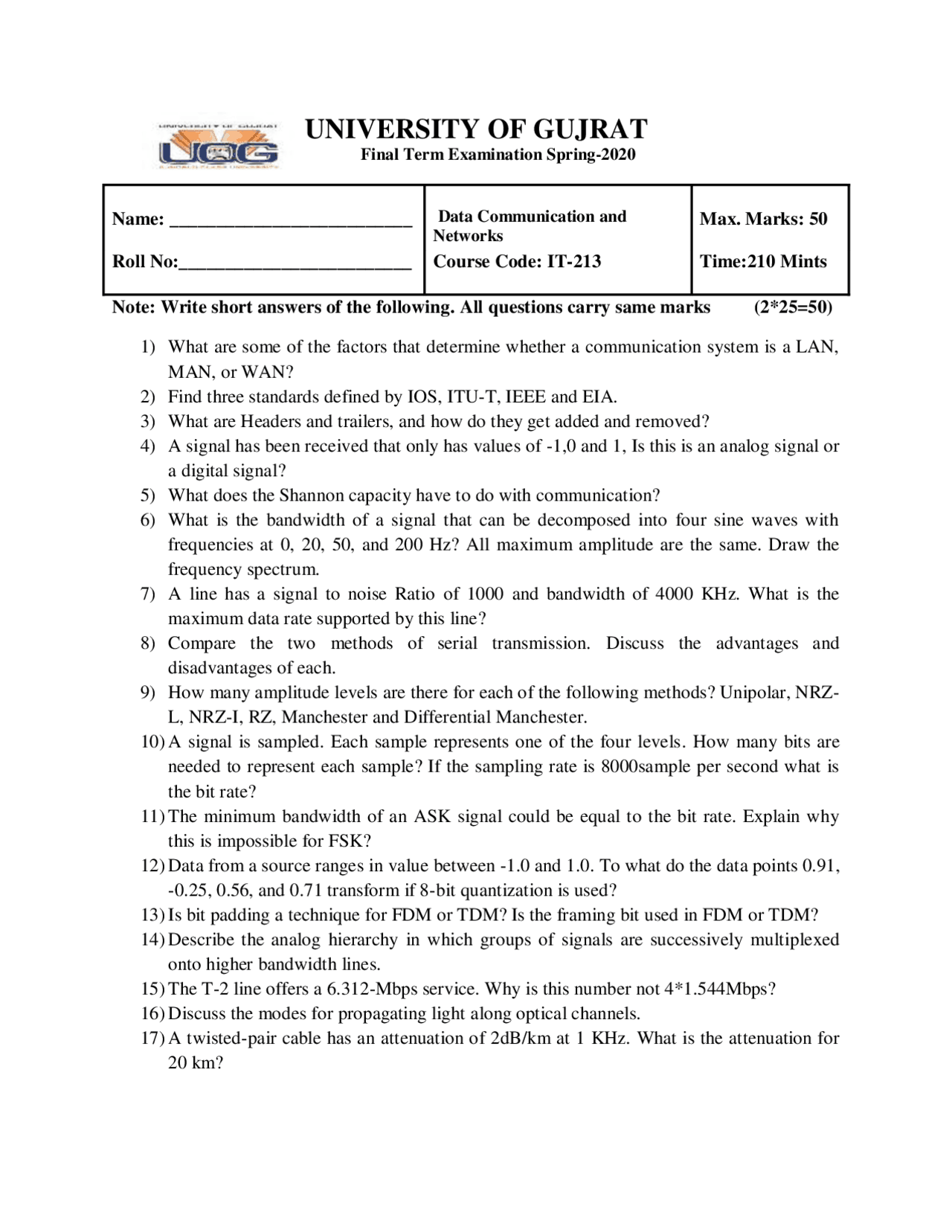 Data Communication and Networks Final Term Examination: Spring 2020 | Exams Data Communication ...